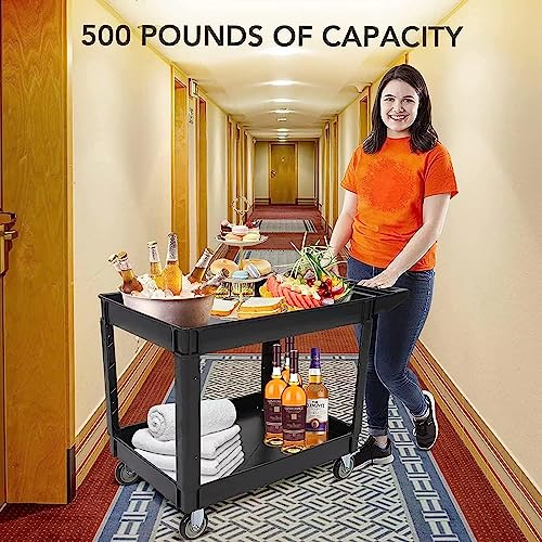 Service Cart 2-Shelf, Storage Handle, 500 lbs Capacity, for Warehouse/Garage/Cleaning/Manufacturing,45"X25"