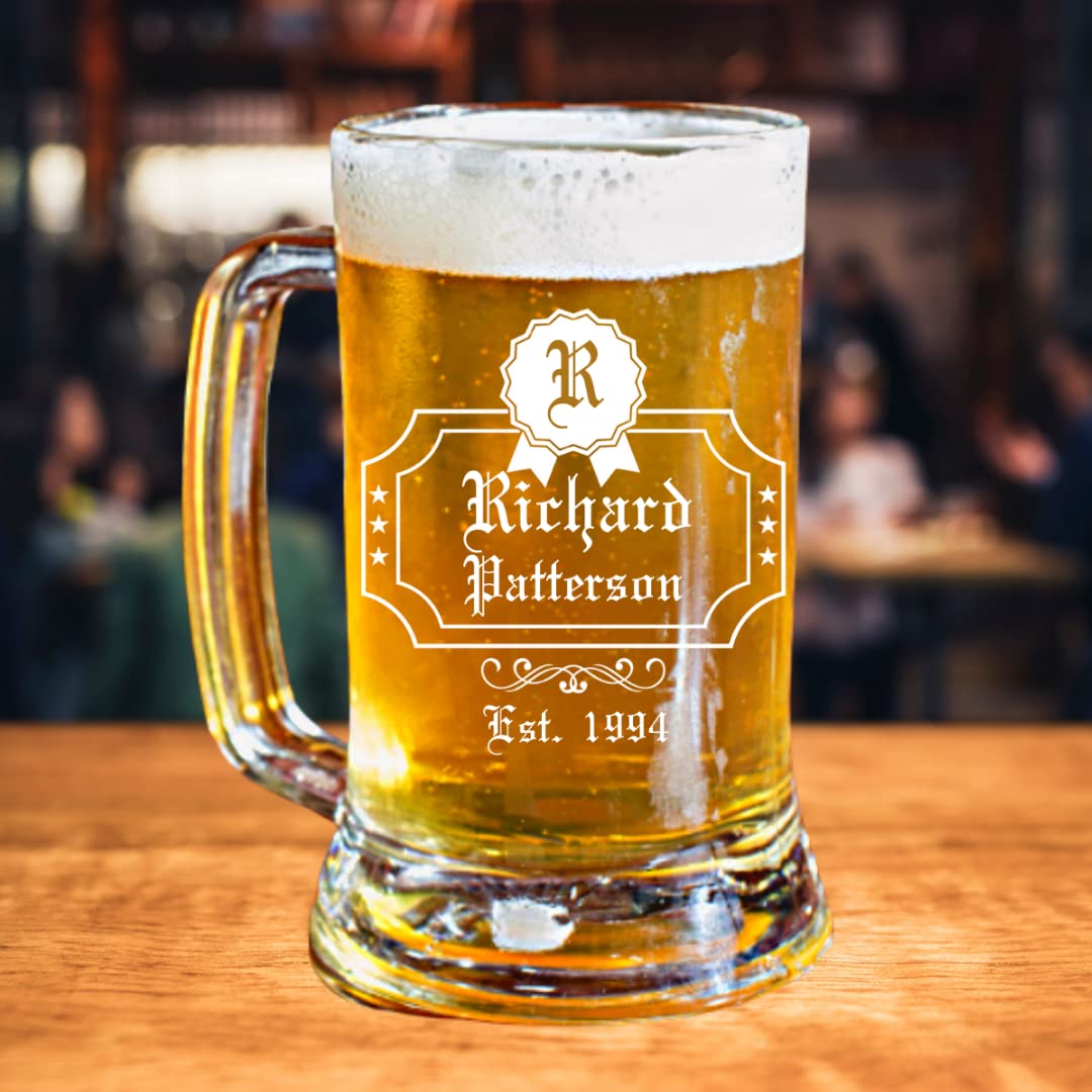 Personalized 16.oz Beer Mug | Badge Design | Clear Glass | Custom Made | Perfect for wedding gifts, anniversaries, birthday gifts, home warming gifts or graduation