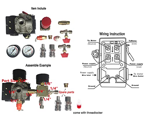 Secbolt Pressure Switch Manifold Regulator Gauges Air Compressor Pressure Switch Control Valve 90-120PSI (American Pattern)