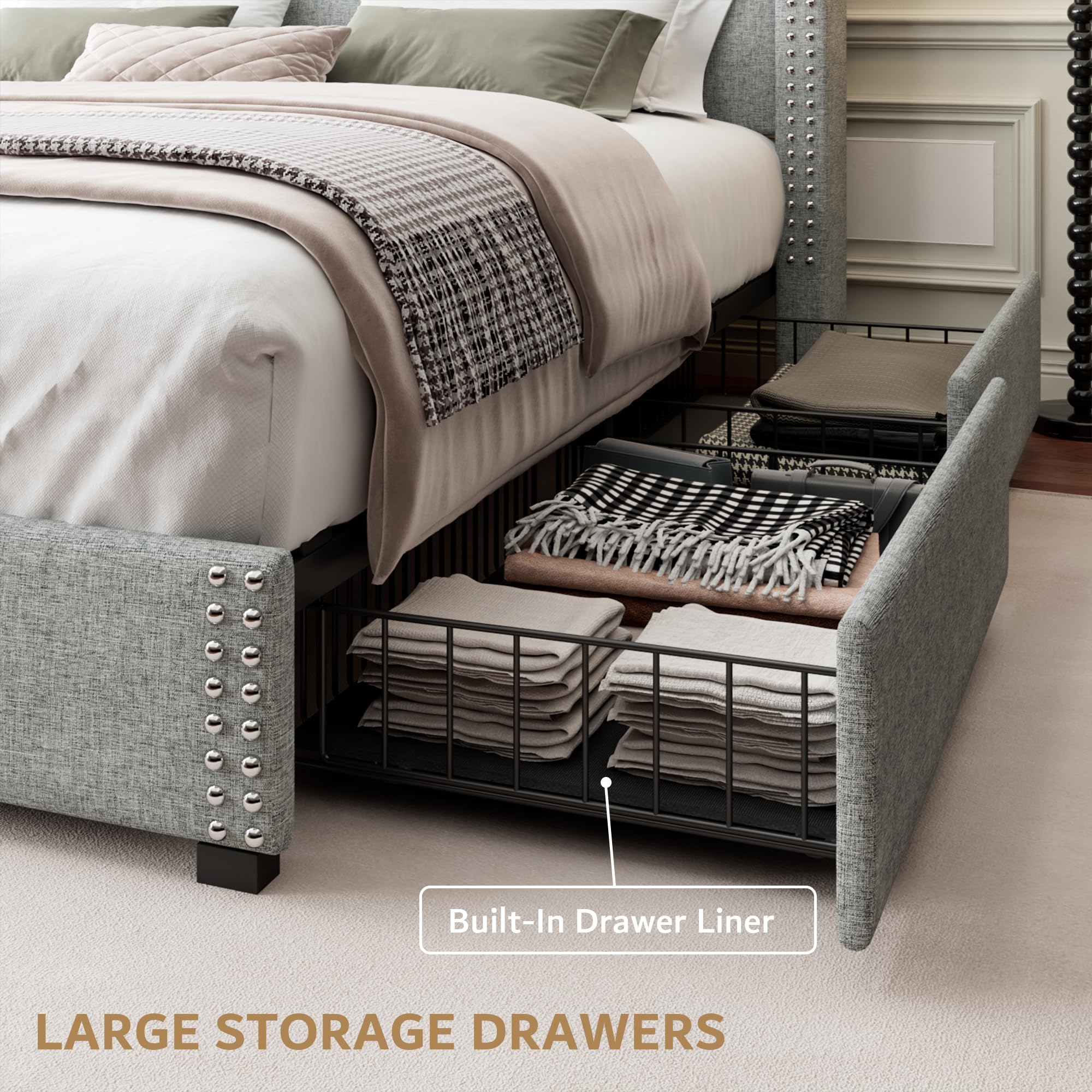 iPormis King Storage Bed Frame with 4 Drawers, Upholstered Bed Frame with Minimalist Wingback Headboard and Charging Station, No Box Spring Needed, Light Gray