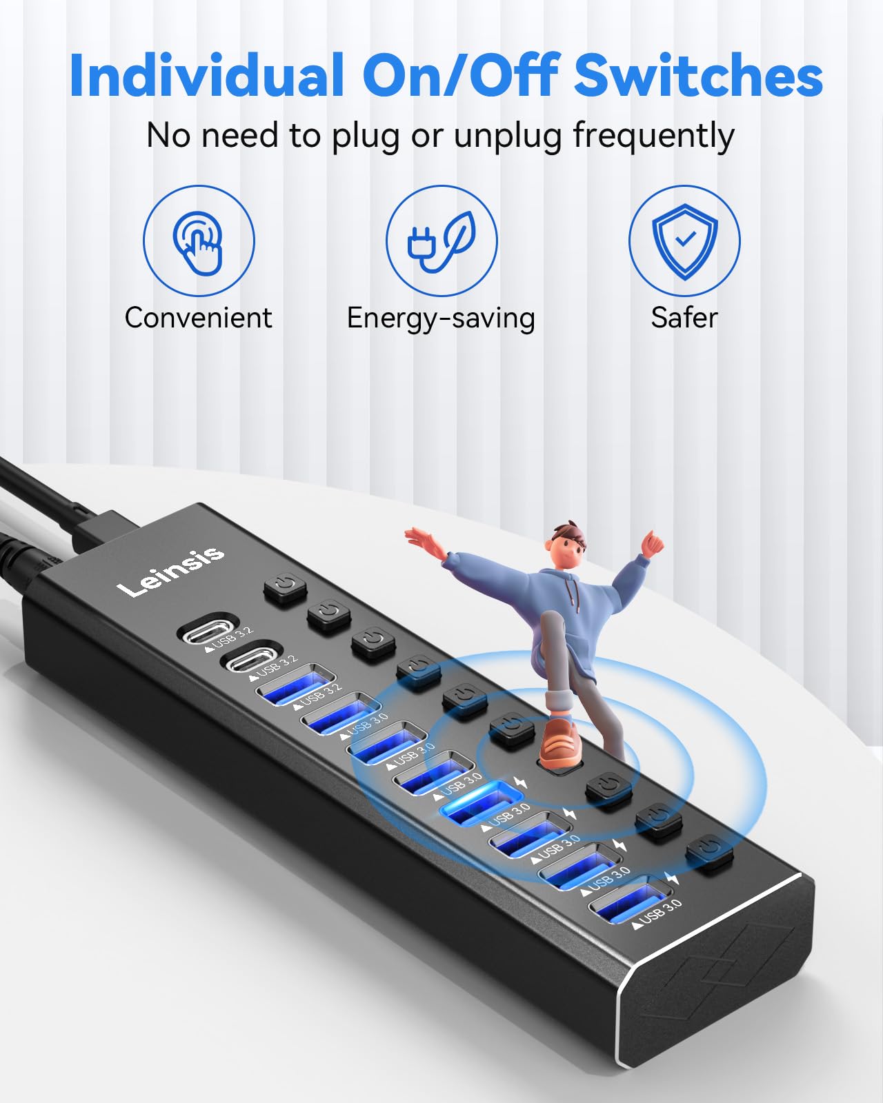 Powered USB Hub [Durable Aluminum] USB Hub 3.0 Powered, Individual Switch Buttons Smart Charging USB Port Expander Fit for External Hard Drive Electronics Gaming Laptop Desktop PC