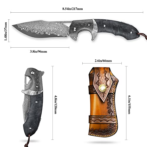 Minowe Handmade Damascus Steel Folding Knife with leather case,3.8in VG10 steel core blade,Steel ball bearings+Carbon Fiber handle,Tactical pocket knife Hiking carry EDC Knife