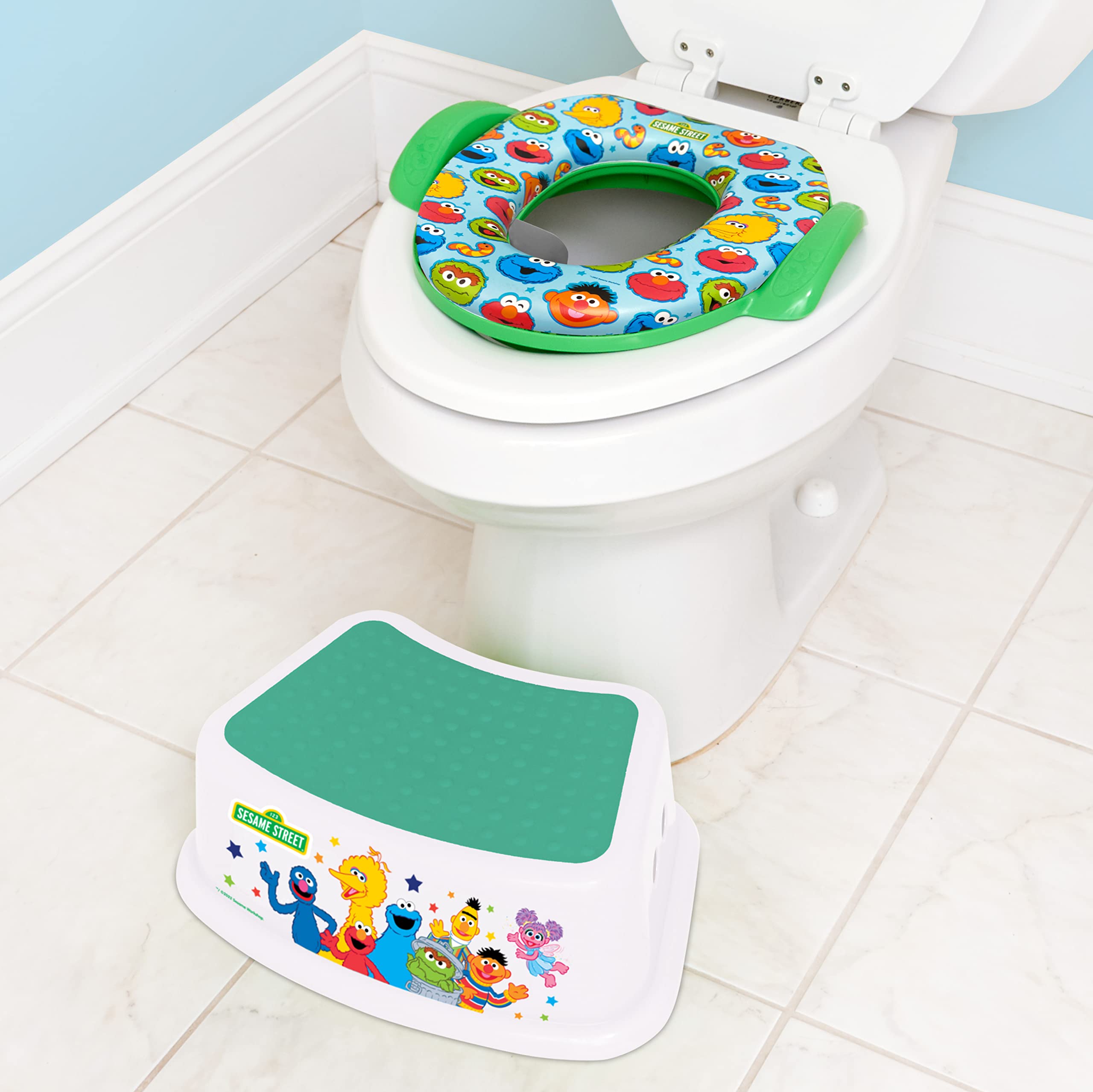Sesame Street "Sesame Squad" 2 Piece Essential Potty Training Set - Soft Potty Seat, Step Stool