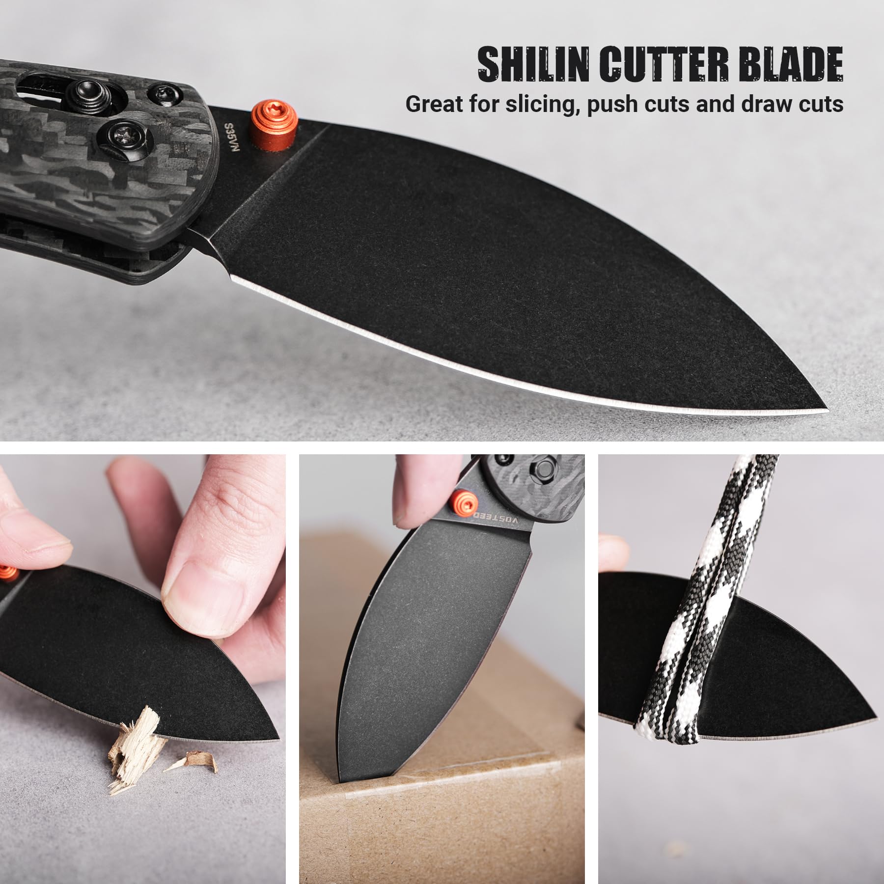 Vosteed Small EDC Knife with Thumb Stud, Cross-Bar Folding Pocket knife with Clip, Modern Shilin Cutter Knife with 2.6" S35VN Blade, Carbon Fiber Handle for Camping, Hiking - Mini Nightshade