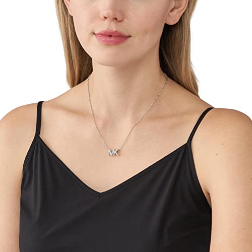 Michael Kors Brass and Pavé Crystal MK Logo Pendant Necklace for Women, Color: Silver (Model: MKJ8024040)