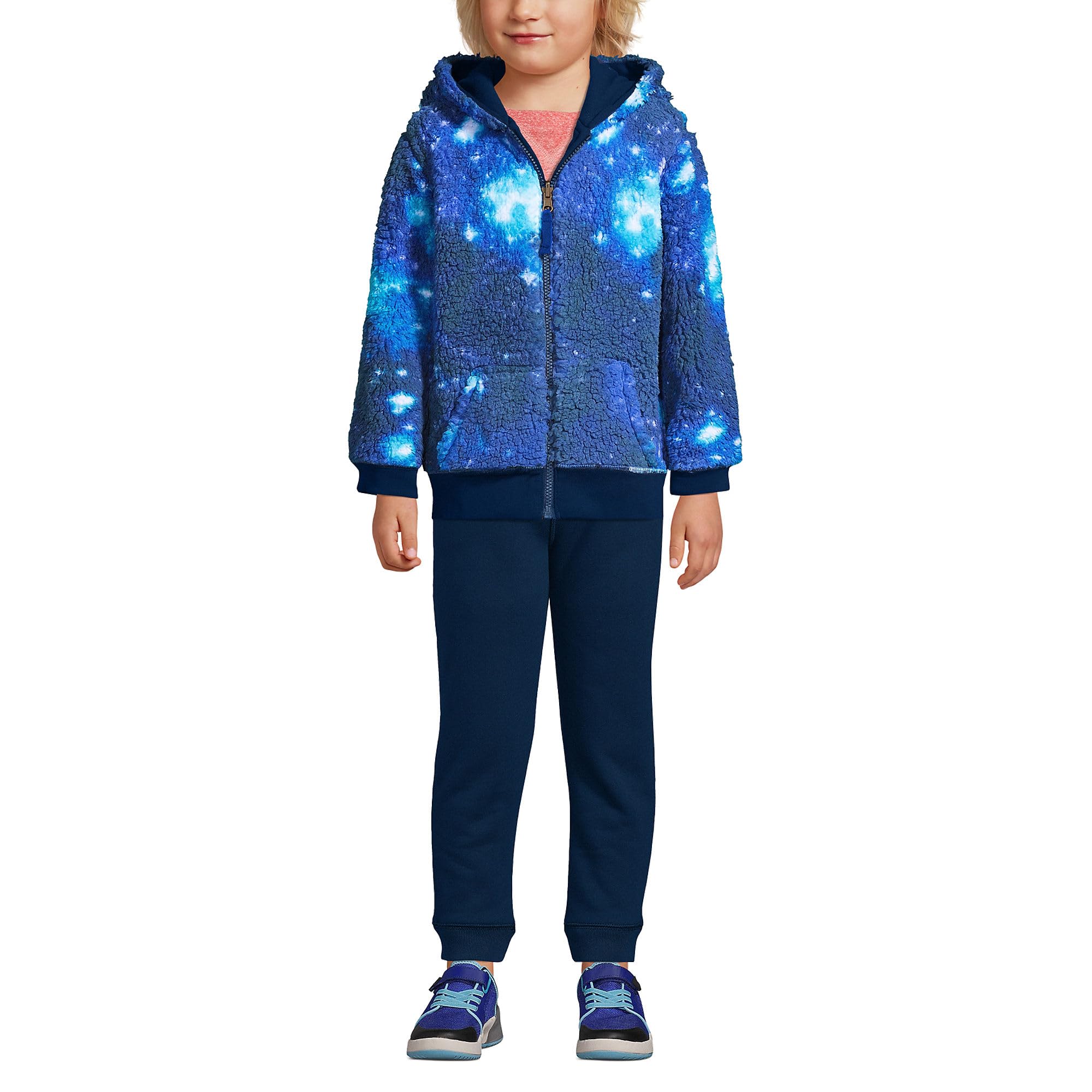 Lands' End Pattern Sherpa Lined Hoodie Blue Galaxy Space Kids Husky X-Large
