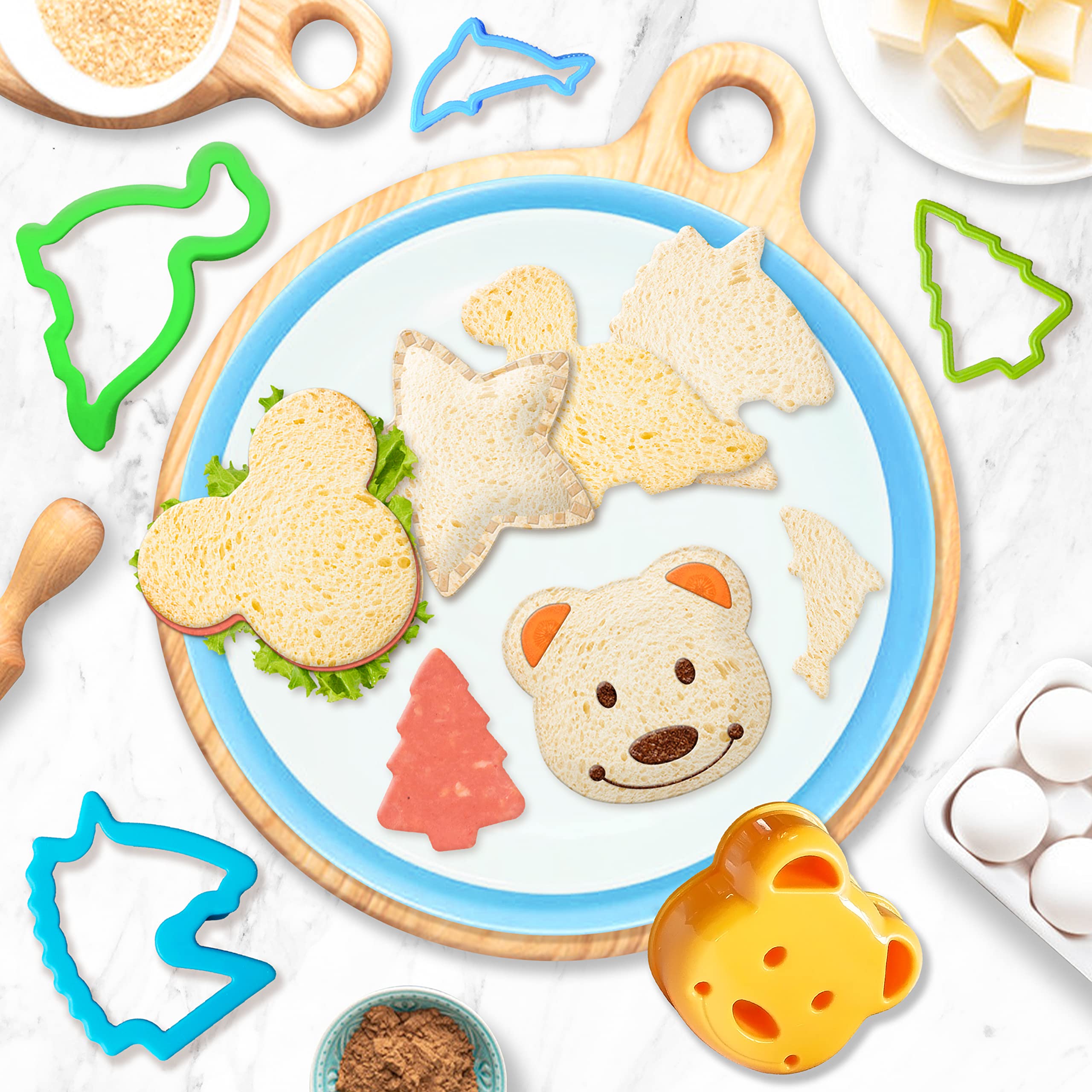 Sandwich Cutters for Kids Lunch,Sandwich Cutter and Sealer,Sandwich Cutter Set,Kids Lunch Accessories-Vegetable Fruit Cutter Set,Micky Mouse,Dinosaur,Star,Gingerbread Man Shapes(45Pcs)