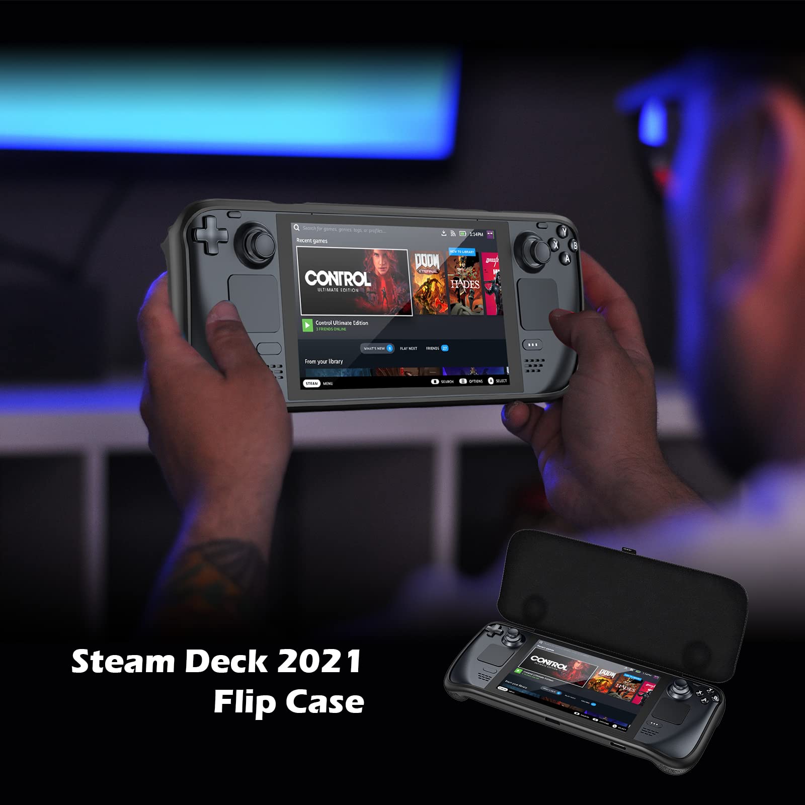 ProCase Flip Cover Case for Steam Deck with Tempered Glass Screen Protectors, Soft Protective Grip Case with Magnetically Detachable Front Shell Cover -Black