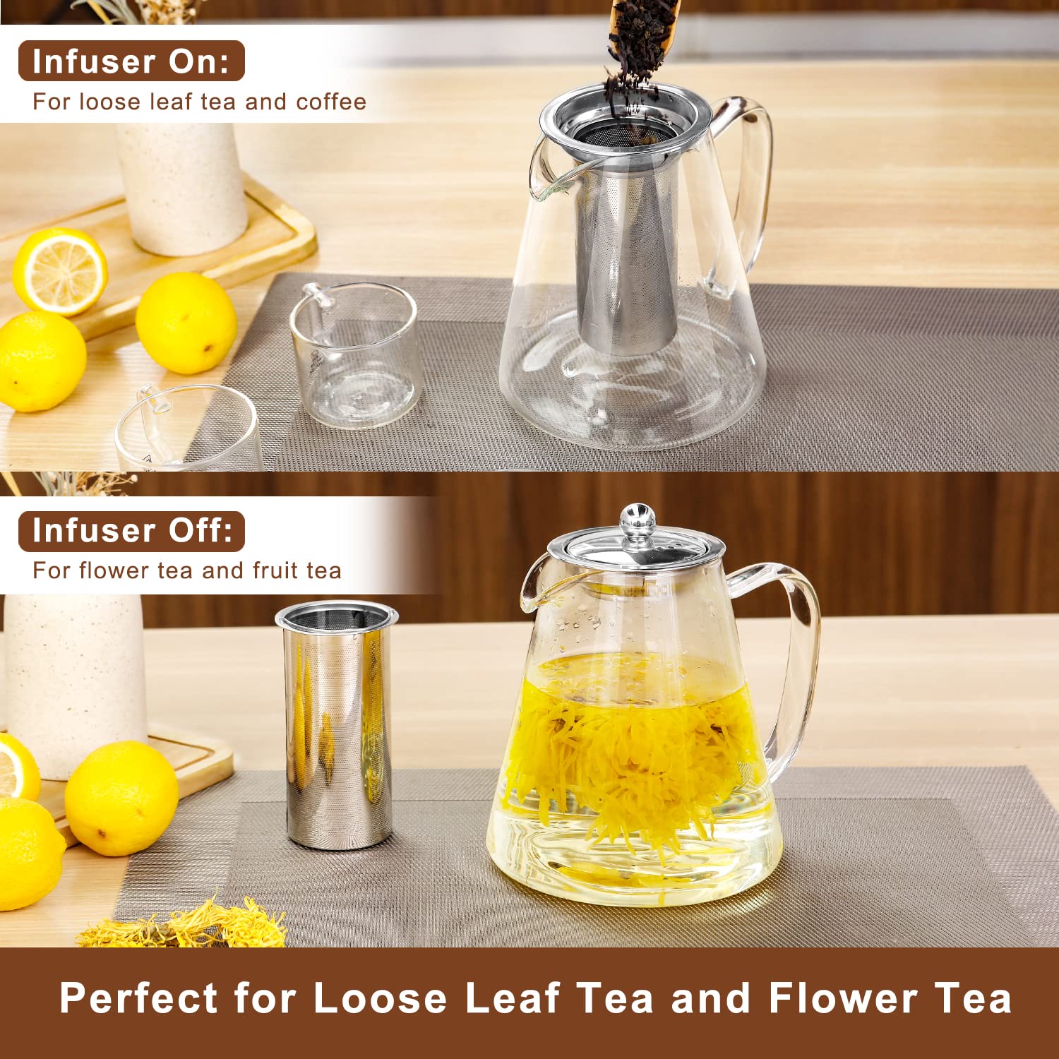 Molgree Glass Teapot Stovetop Safe, 43oz Glass Teapot with Infuser, Glass Tea Kettle Glass Tea Pots with Removable Stainless Steel Infuser for Blooming and Loose Leaf Tea