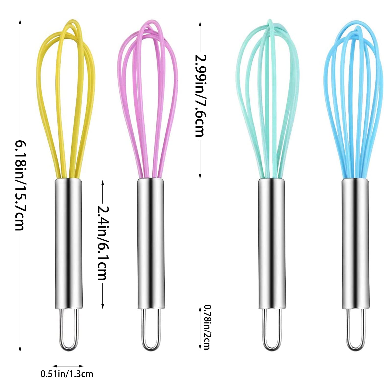 Newbested 4 Pack Colorful Mini Silicone Kitchen Whisks with Stainless Steel Handles for Milk Egg Blending Stirring Whisking and Beating(4 Colors,6 Inches)