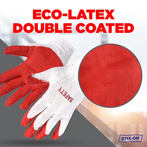 STIX-ON SAFETY Non-Slip 300 Pairs Red Latex Cotton Multi-Purpose Work Gloves- Nitrile Dipped & Rubber Palm Coated for a Firm Grip- Heavy Duty Premium-Construction-Moving-Warehouse-Garden-Gloves