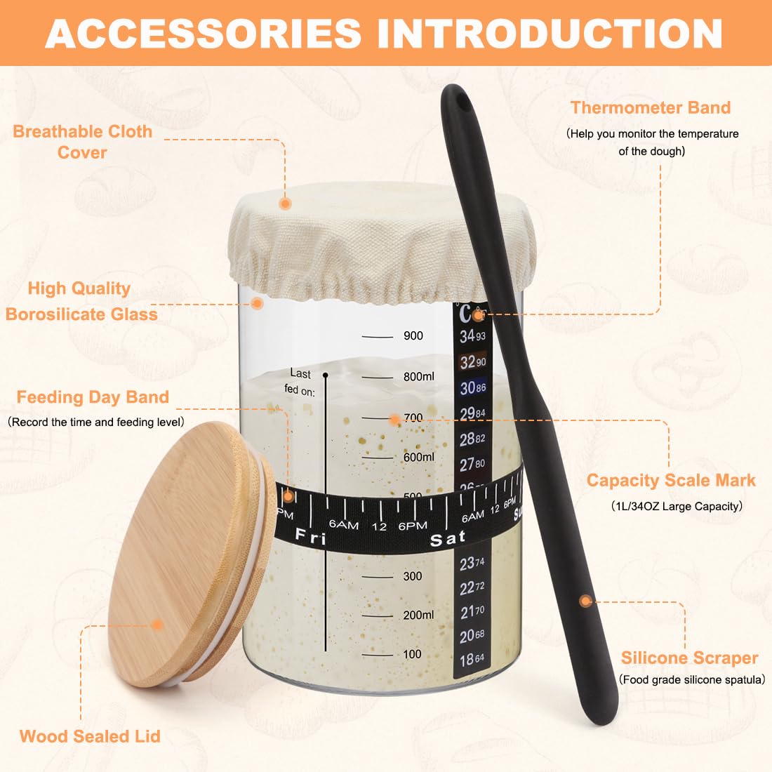 UHAPEER 2 Pack Sourdough Starter Kit, 34Oz Glass Jar Sourdough Starter Jar Kit with Thermometer, Feeding Date Band, Cloth Cover, Spatulas, Measuring Spoon, Reusable Baking Supplies for Beginners