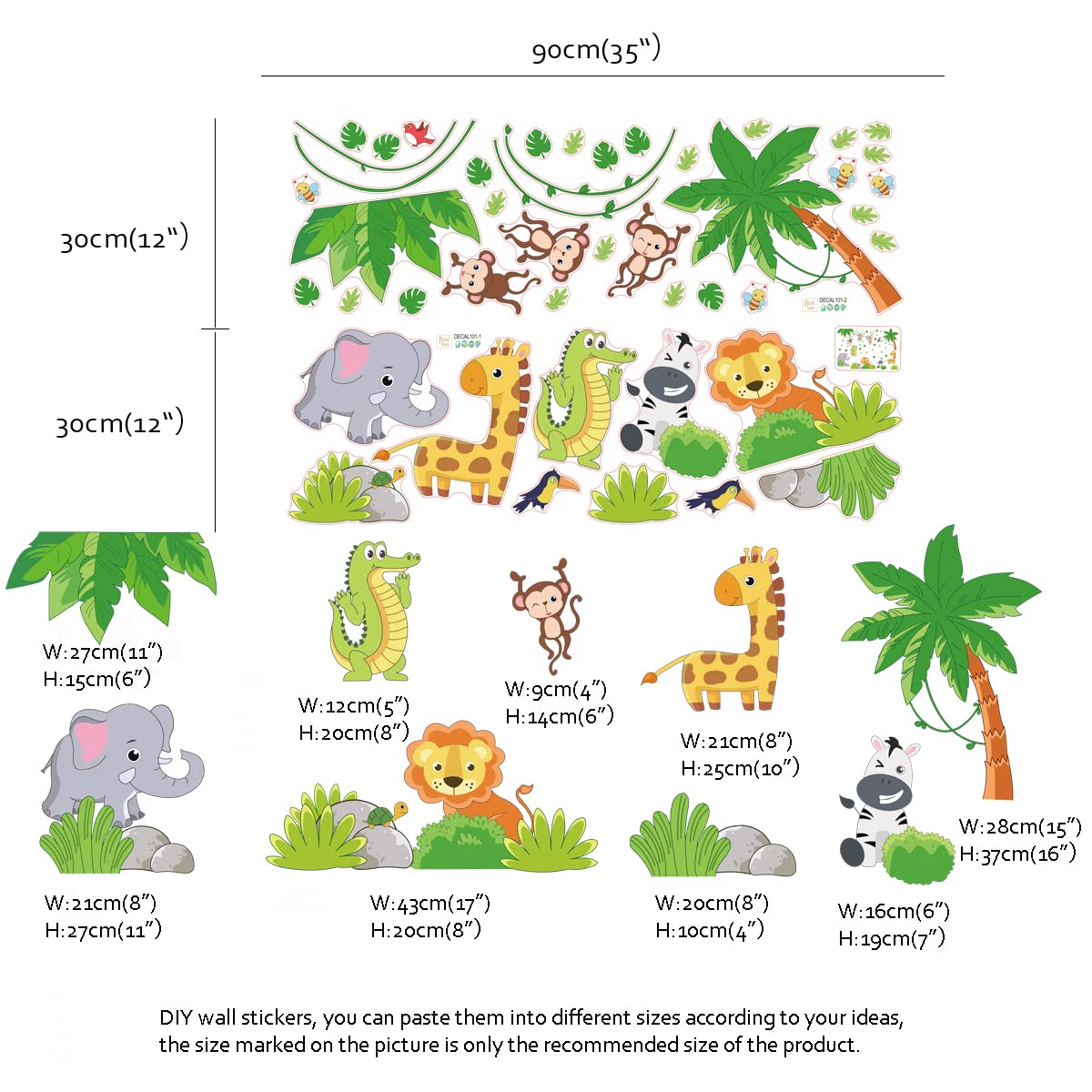 Runtoo Jungle Animal Wall Decals Monkey Elephant Giraffe Wall Stickers for Kids Bedroom Baby Nursery Wall Decor