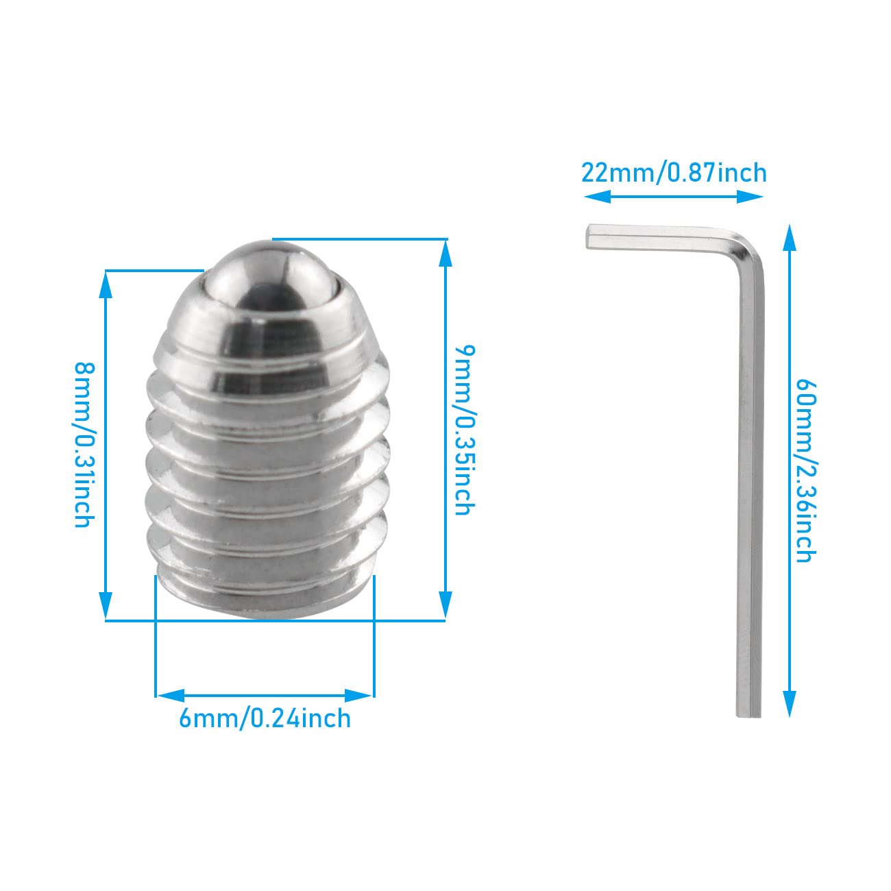 Set Screws WHYHKJ 10pcs Ball Point Set Screws Hex Socket Screws (10pcs M6x8 Screws + 1 Piece Wrench) Silver Stainless Steel M6 Hex Hexagon Socket Set Screw