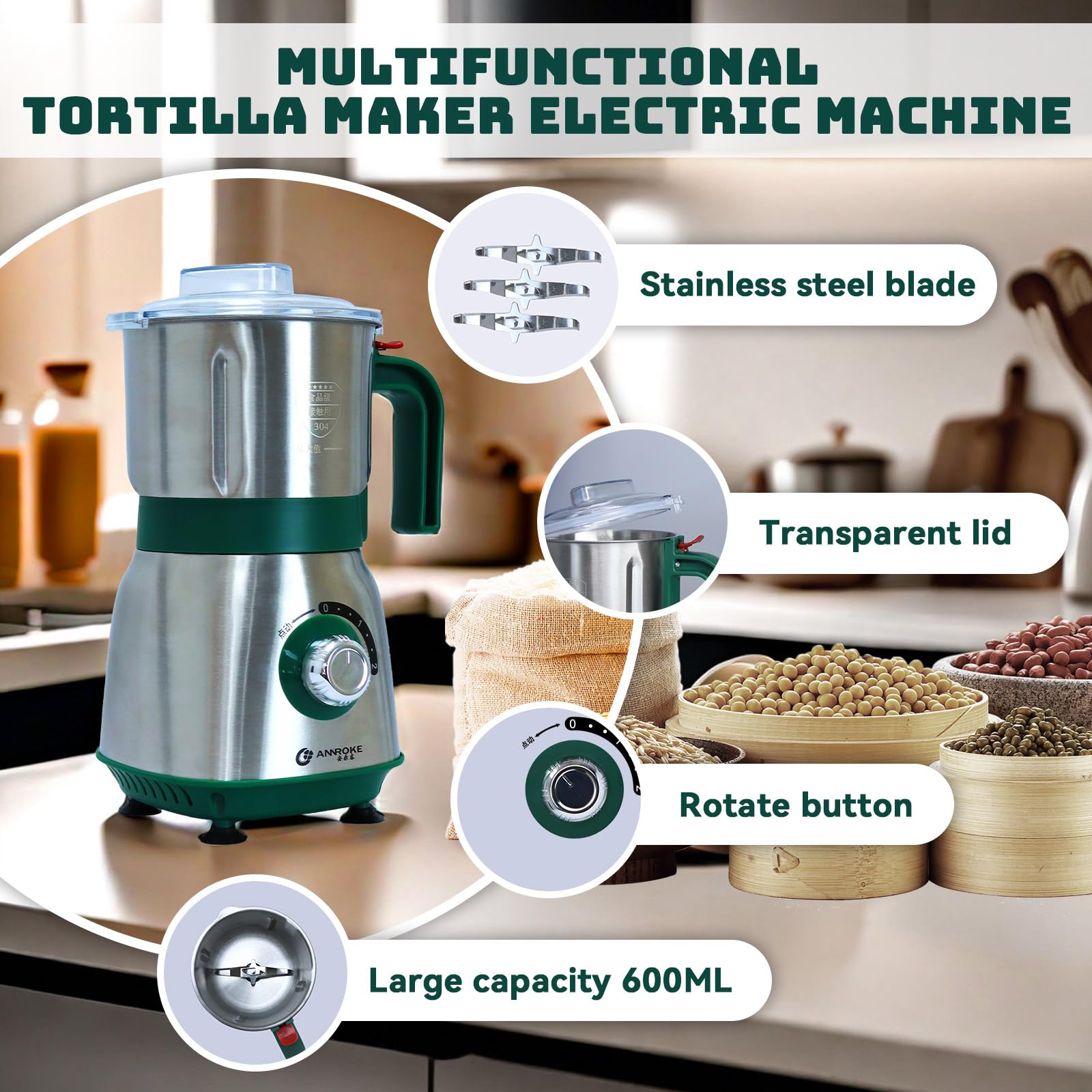 Spice and Nut Grinder, Electric Spice Grinders, Espresso Grinder with 3 Stainless Steel Blades, 1 Filter and 1 Brush,500W Wet & Dry Grinder for kitchen.(Green)