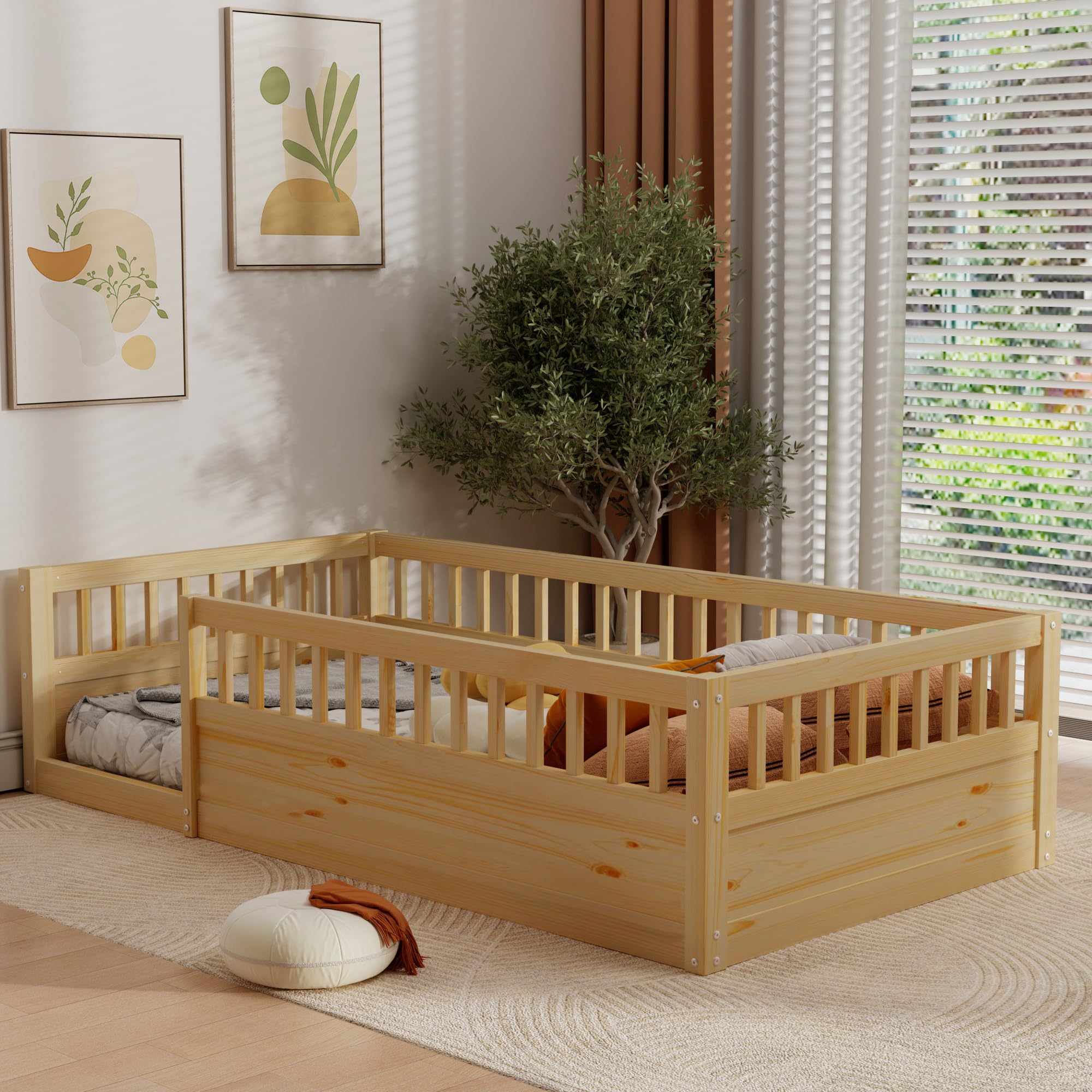 VPXTA Twin Size Toddler Floor Bed Frame for Kids,Montessori Bed with High Fence Railings,Wood Playhouse Bed with Rails (Natural, Twin)