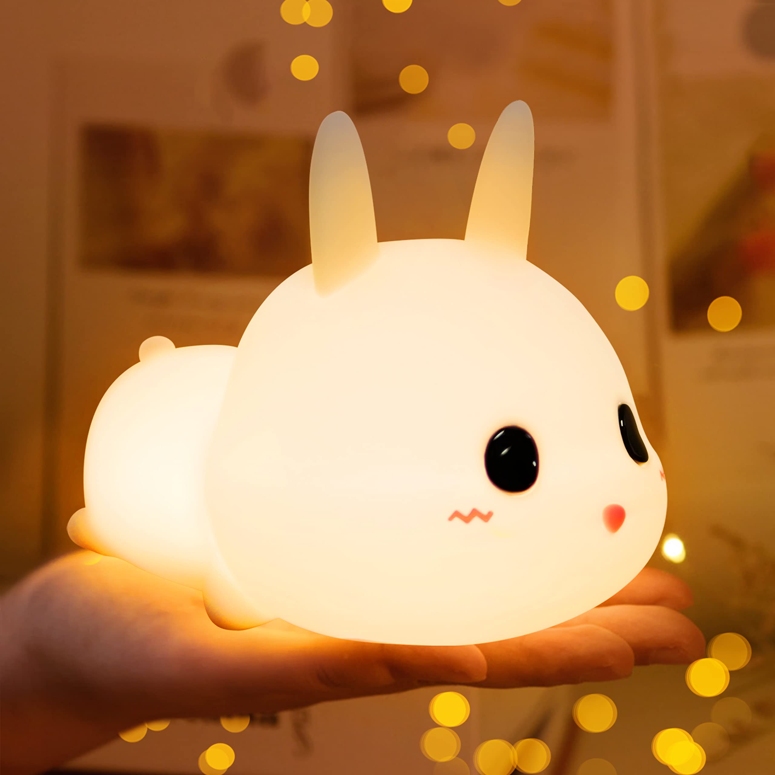Qrbsi Cute Night Light for Kids, Bunny Night Light with Warm Light & Dimmable, Tap Control Kids Night Light with Timer, Rechargeable Toddler Night Lights, Kawaii Bunny Lamp for Room Decor