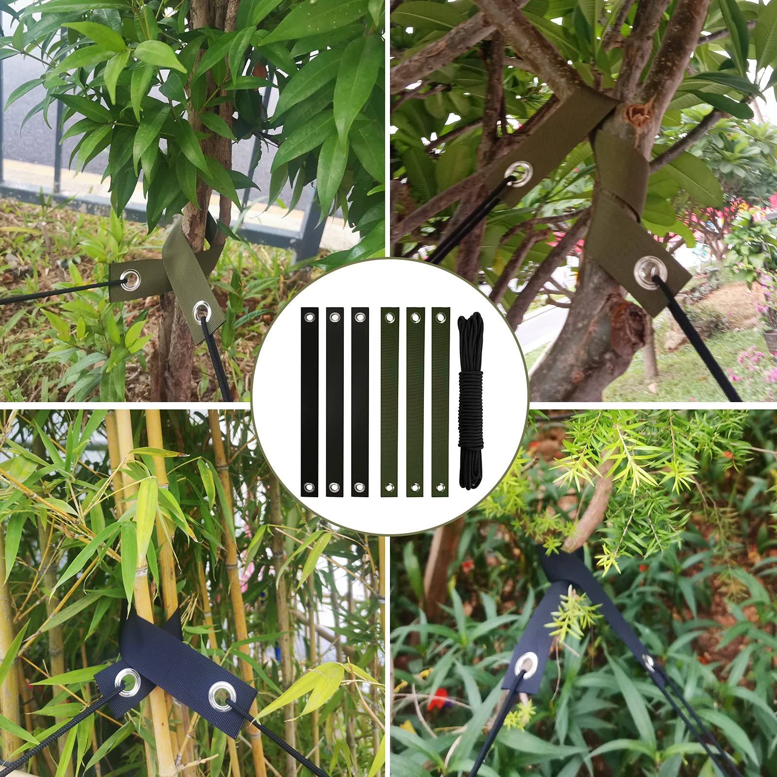 LanM Epoch 6 Pcs 15.8inch Tree Straps with Grommets for Guying/Staking,32.8 Ft Rope ,Plant Supports and Tree Strap Sapling Straight Strap for Newly Planted Fixed and Hurricane Protection(Black+Green)