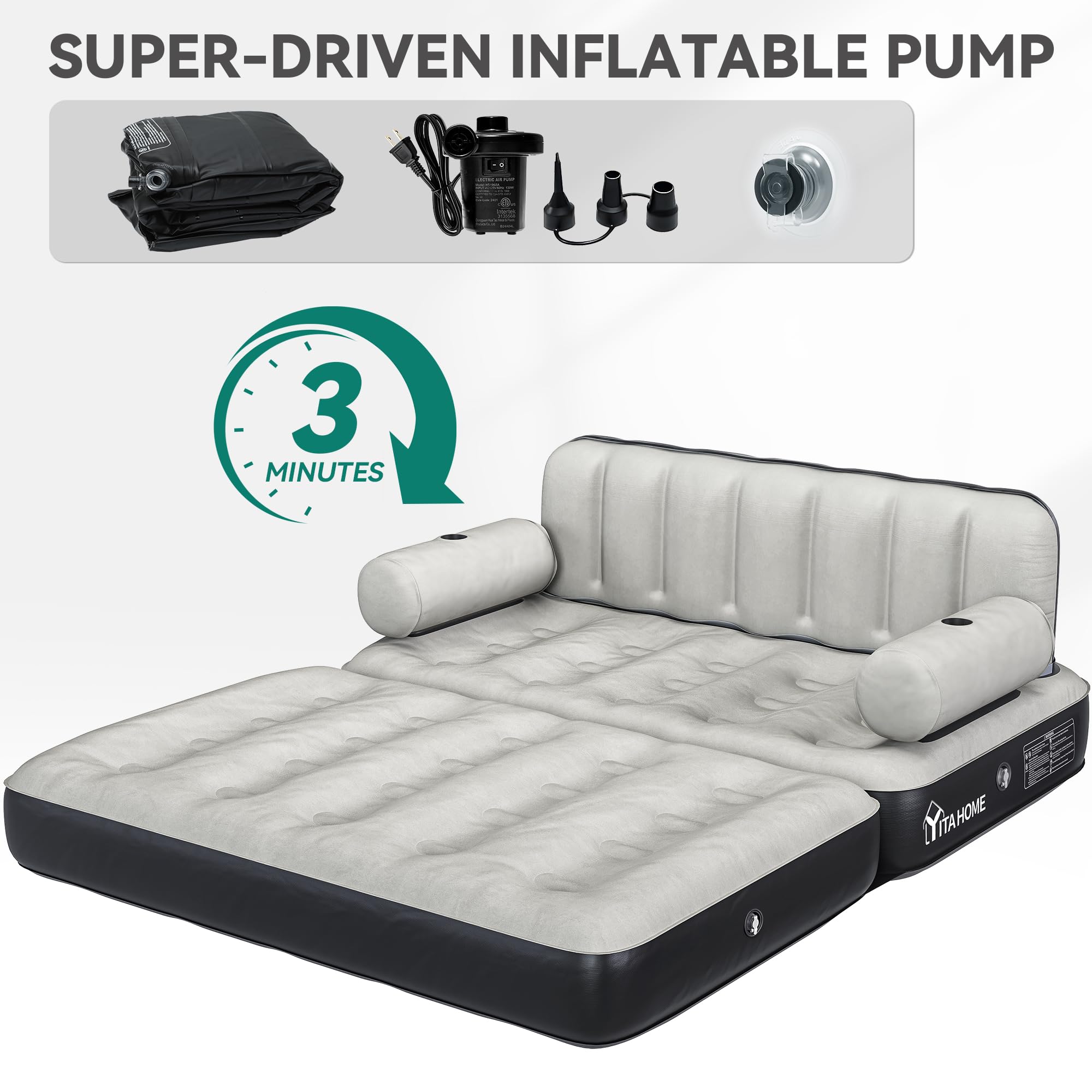 YITAHOME 18'' Flocked Top Queen Air Mattress with External Pump and Headboard, Durable Inflatable Bed, Blow-Up Mattress for Indoor and Outdoor Use, Black