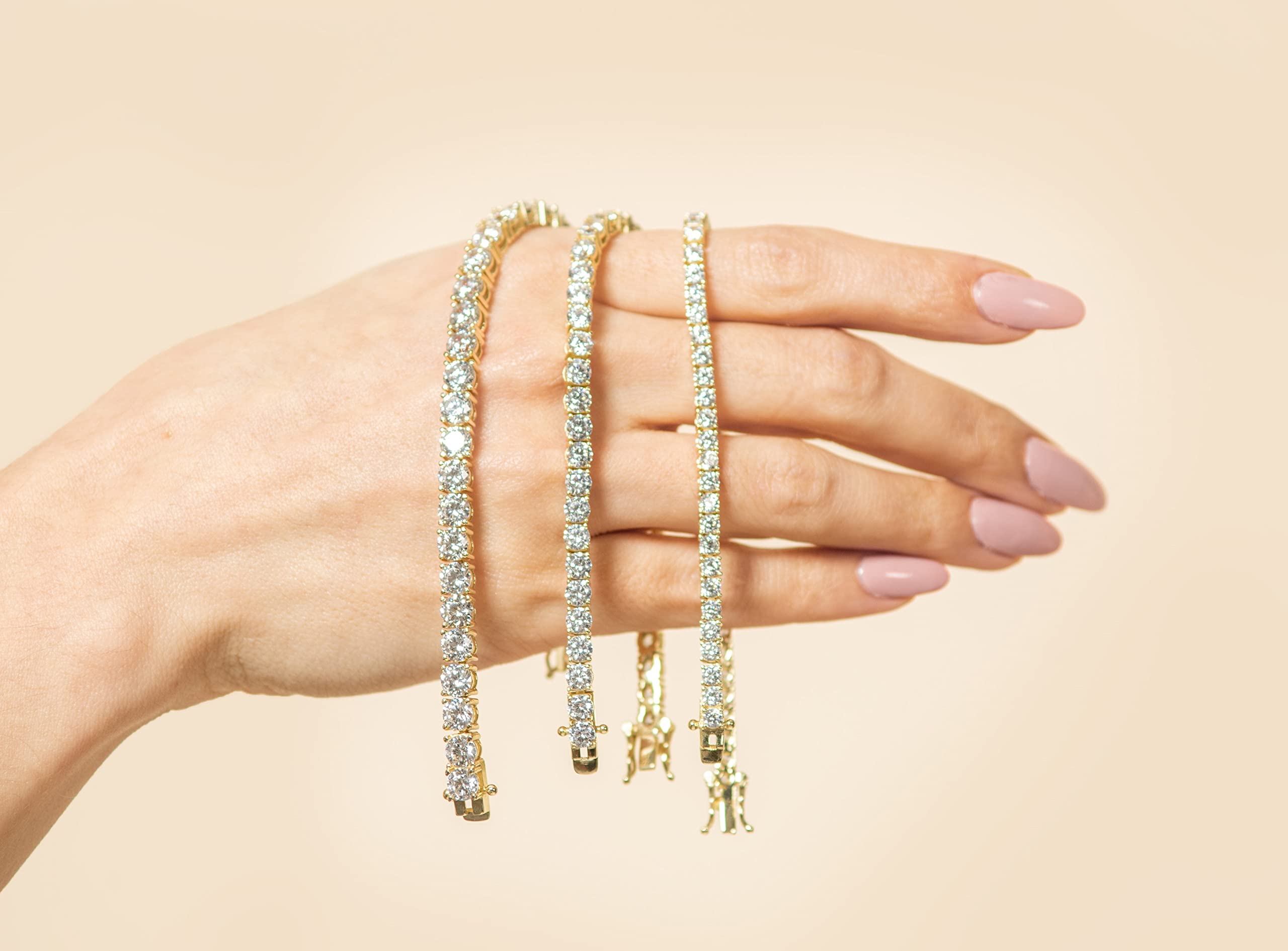 Olive & Chain Diamond CZ Tennis Bracelet, Set in 925 Sterling Silver with 14k Yellow Gold Plating, Unisex Men’s Women’s