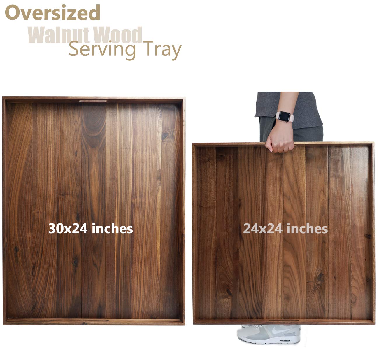 MAGIGO 30 x 24 Inches Extra Large Rectangle Black Walnut Wood Ottoman Tray with Handles, Serve Tea, Coffee Classic Wooden Decorative Serving Tray