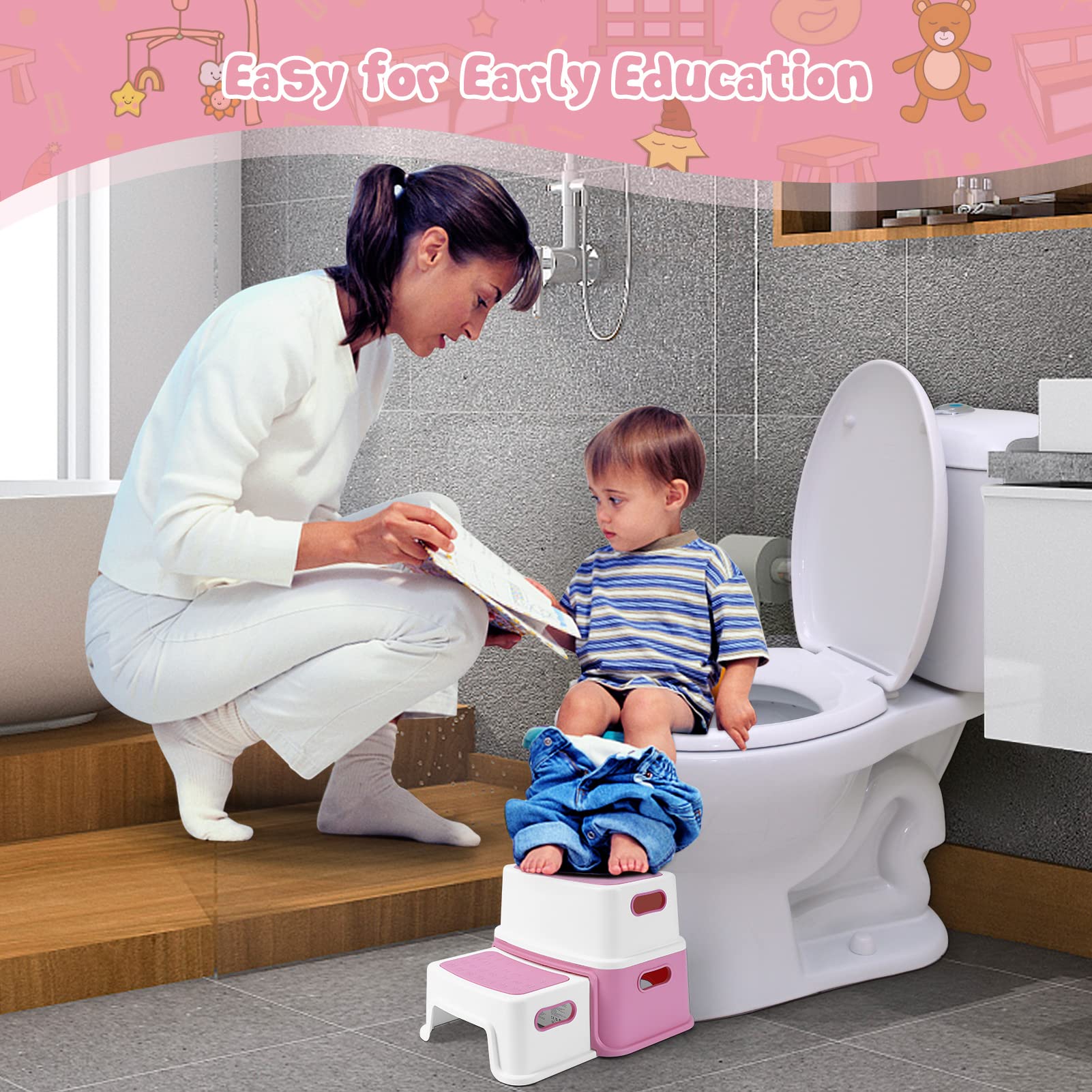 Ronipic 2 Step Stools for Kids, Toddler Step Stool for Toilet Potty Training, Anti-Slip Potty Stools with Numbers/ABC, Bathroom Step Stool for Kitchen