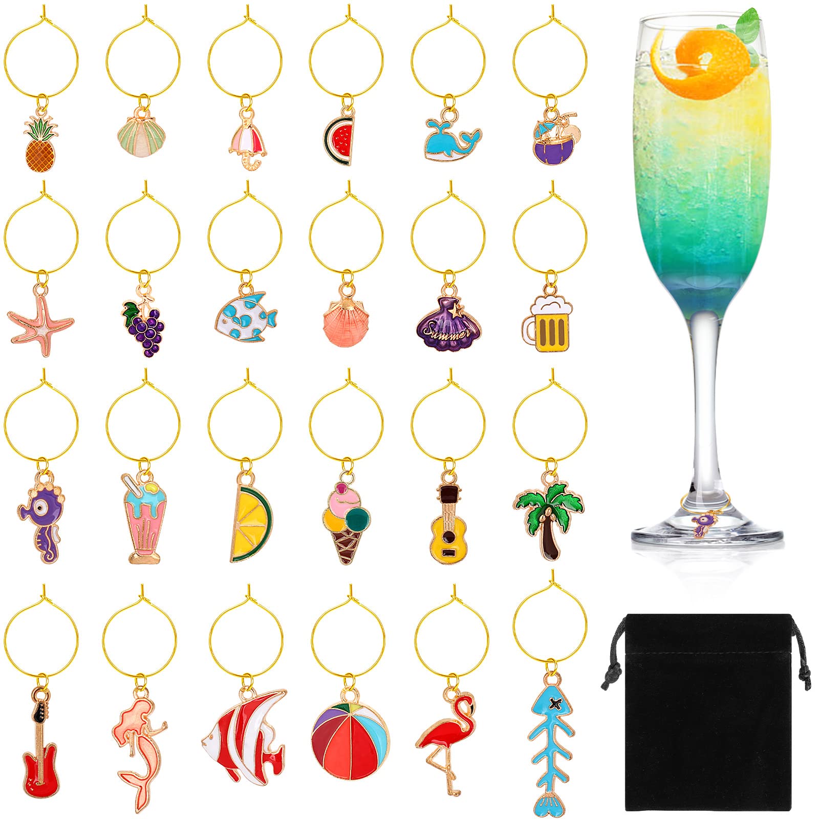 SANNIX Wine Glass Charms, 24pcs Wine Charms for Stem Glasses Wine Glass Identifier Charms Funny Wine Glass Tags for Wine Tasting Party Decorations