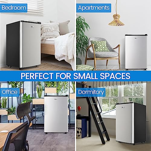 WANAI Mini Fridge With Freezer 3.2 Cu.Ft Single Door Small Refrigerator Energy-efficient, Low Noise, Mini Fridge For Bedroom Dorm and Office, Silver