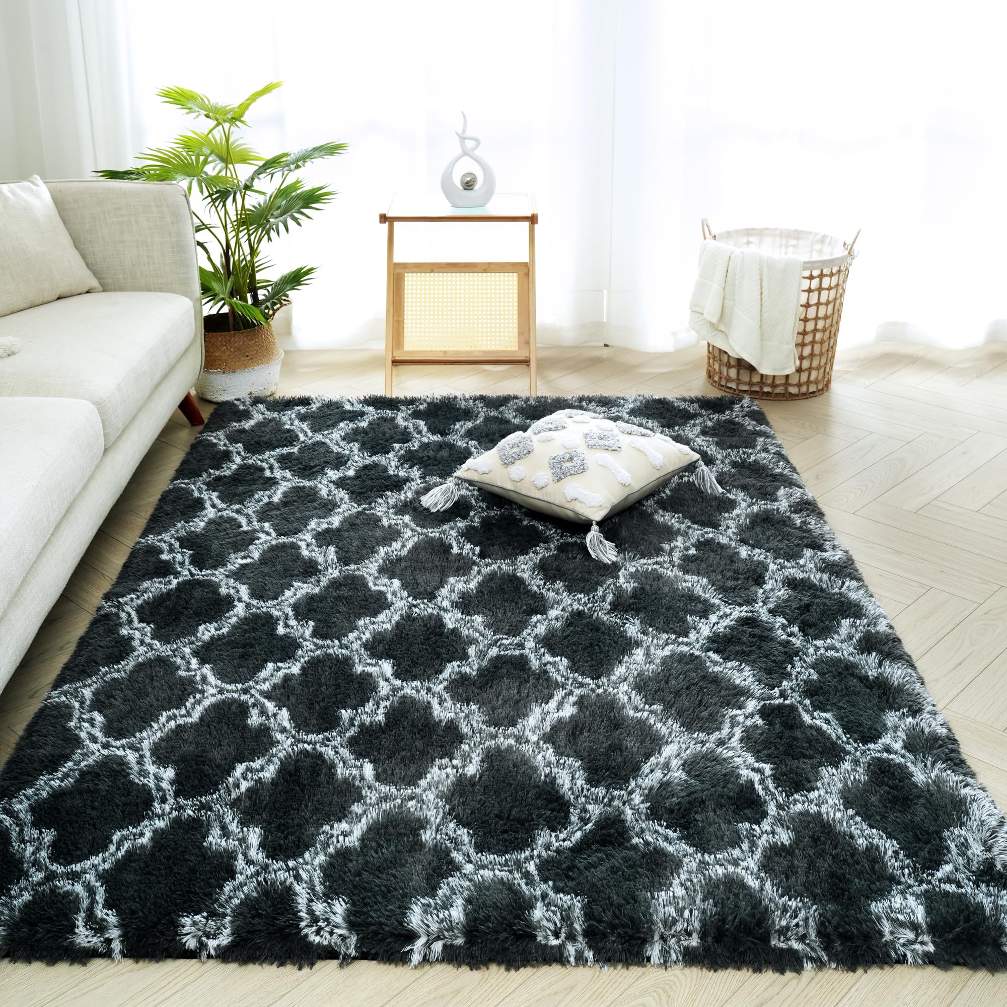 TANJOMAND Area Rug 6x9 Feet High Pile Boho Area Rug Thickened Non-Slip Backing Shaggy Fluffy Rugs for Indoor Floor Carpet for Bedroom Living Room Dorm Office Kids Dark Black