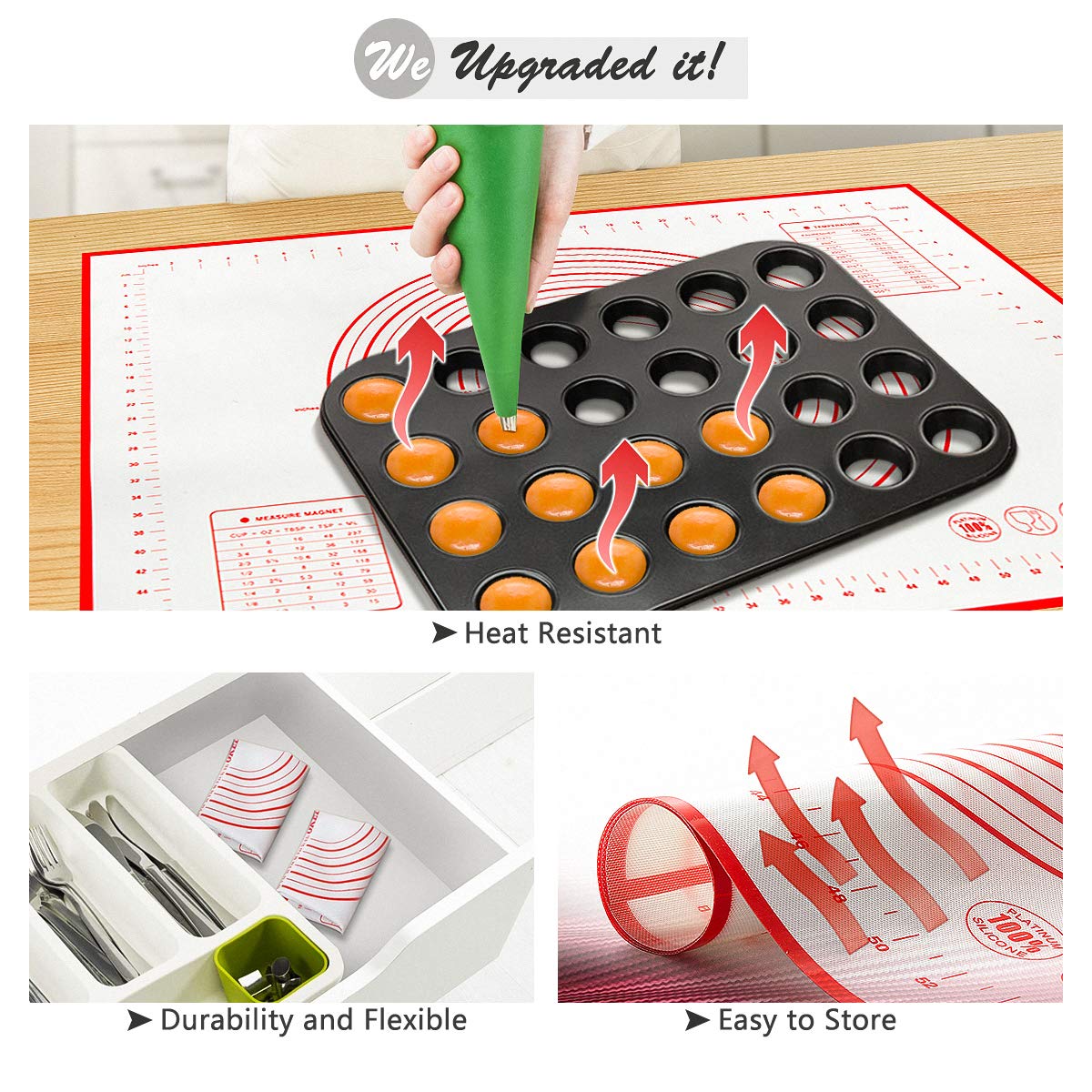Pastry Mat for Rolling Dough, WeGuard 24"x20" Silicone Pastry Kneading Mat Board with Measurements Marking BPA Free Food Grade Non-stick Non-slip Rolling Dough Baking Mat
