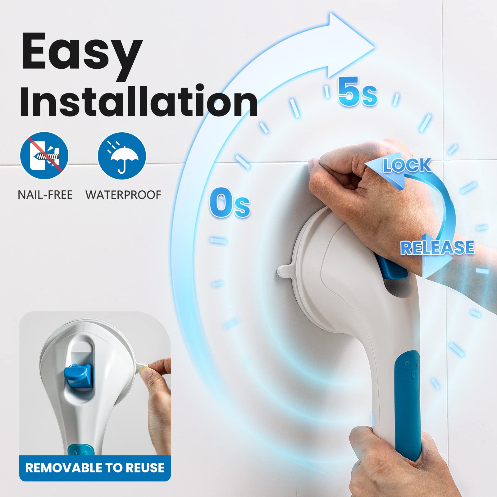 LEVERLOC Shower Grab Bars for Bathtubs and Showers, Easy to Install Suction Shower Handle for Bathroom Removable Safety Grip for Seniors Elderly, Heavy Duty Handrails Waterproof No Drilling, Bule