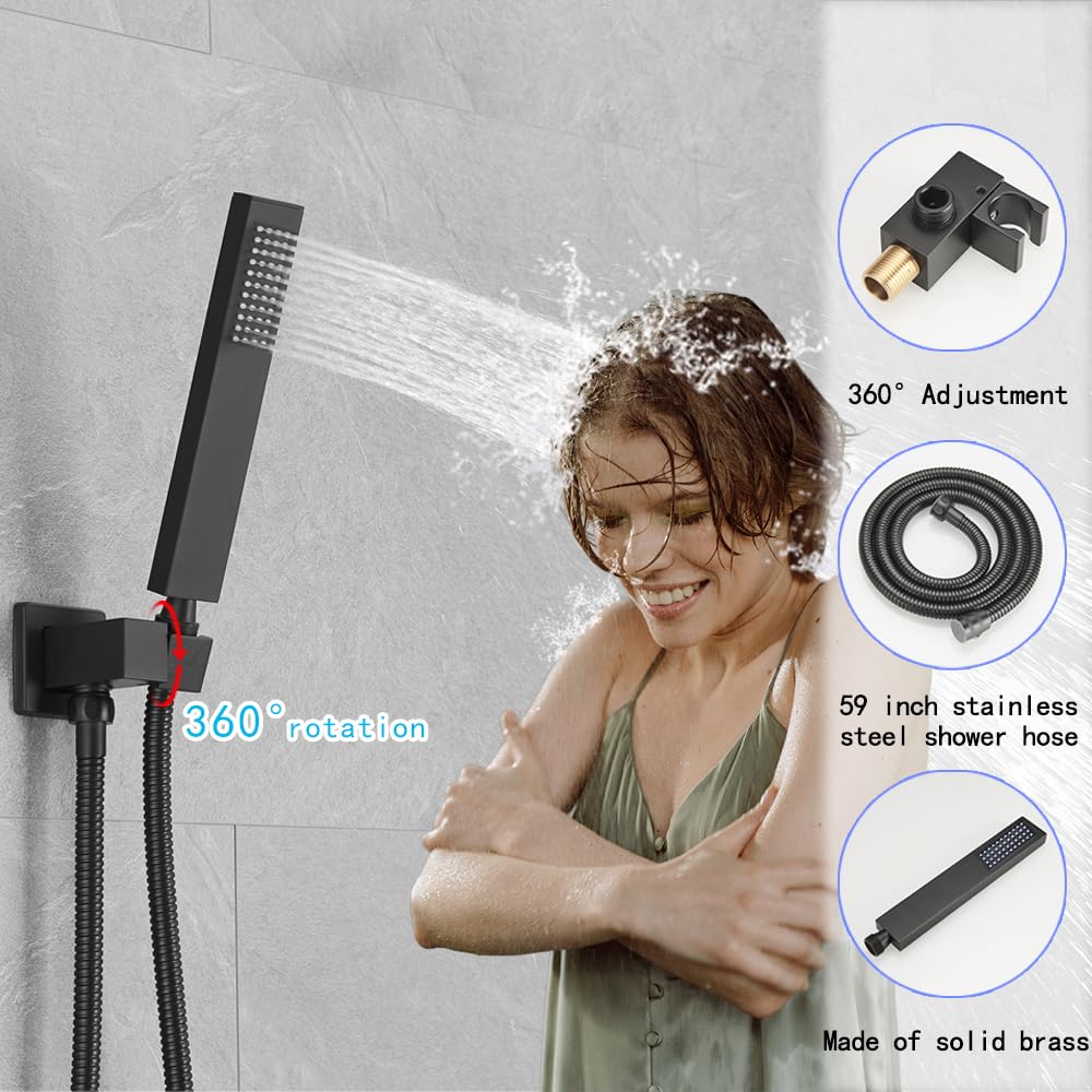 YCAIKOI Matte Black Shower System, 8 Inch High Pressure Rain Shower with Handheld, Wall Mount Shower Faucet Set for Bathroom, Rough-in Valve Body and Trim Included