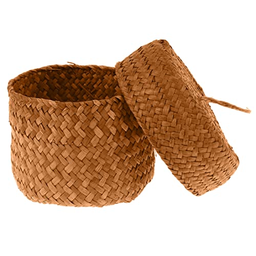 Storage Baskets, Handmade Straw Woven Storage Container with Lid, 8x12.5cm Seagrass Storage Basket, Makeup Snack Organizer for Garden Wedding Decoration(Yellow Color)