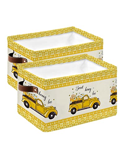 Storage Baskets for Organizing, Toy Box Chest Farm Sweet Honey Bee Truck Daisy Yellow Buffalo Plaid Foldable Cube Storage Bin with 2 Leather Handles Set of 2