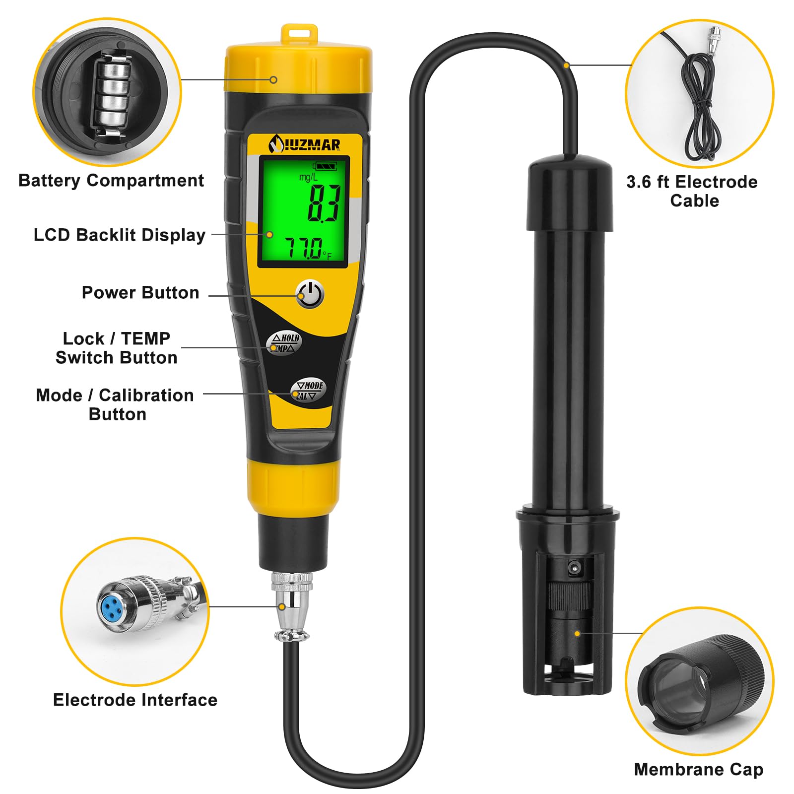 UIUZMAR Digital Dissolved Oxygen Meter Portable Dissolved Oxygen Test Kit with 3.6ft Electrode for Ponds Aquarium Aquaculture Do Meter for Water Fish Tank with Measuring Range 0.0β40.0 Mg/L