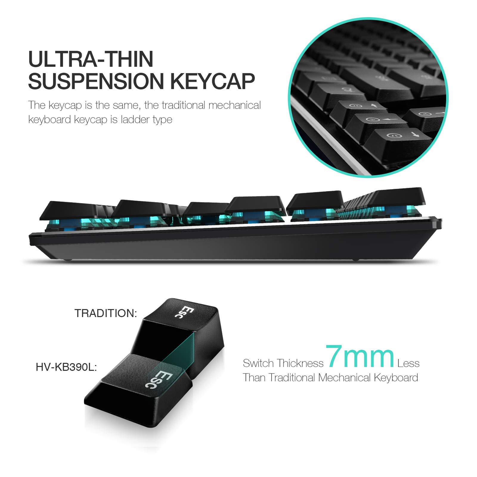 havit Mechanical Keyboard Backlit Wired Gaming Keyboard Extra-Thin & Light, Kailh Latest Low Profile Blue Switches, 87 Keys N-Key Rollover (Black)