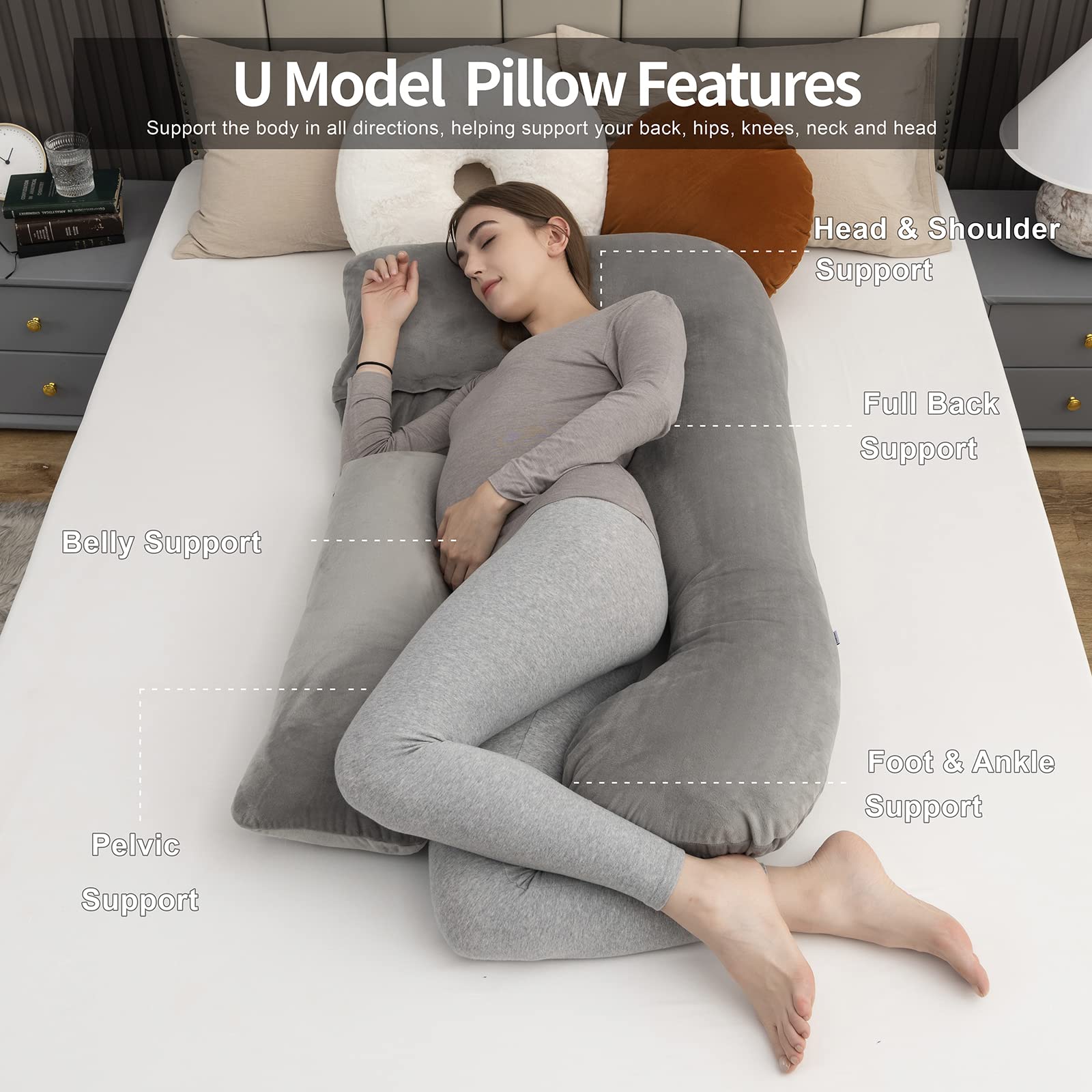 QSCESICO Pregnancy Pillows for Sleeping - Body Pillow for Pregnancy - Memory Foam and Fiber Clusters Maternity Pillow with Removable Washable Velvet Cover(U Shape,Grey