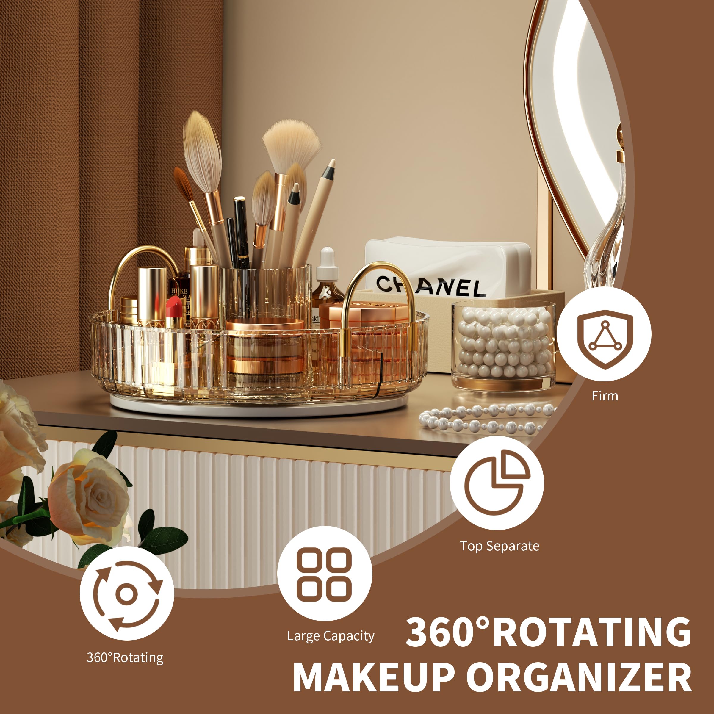 YCIA&DONE Rotating Makeup Organizer for Vanity, Large Capacity Make Up Storage Skin care Shelf Perfume Holders Cosmetic Dresser Organizer Countertop Spinning 360 (Amber Gold, 1Tier)