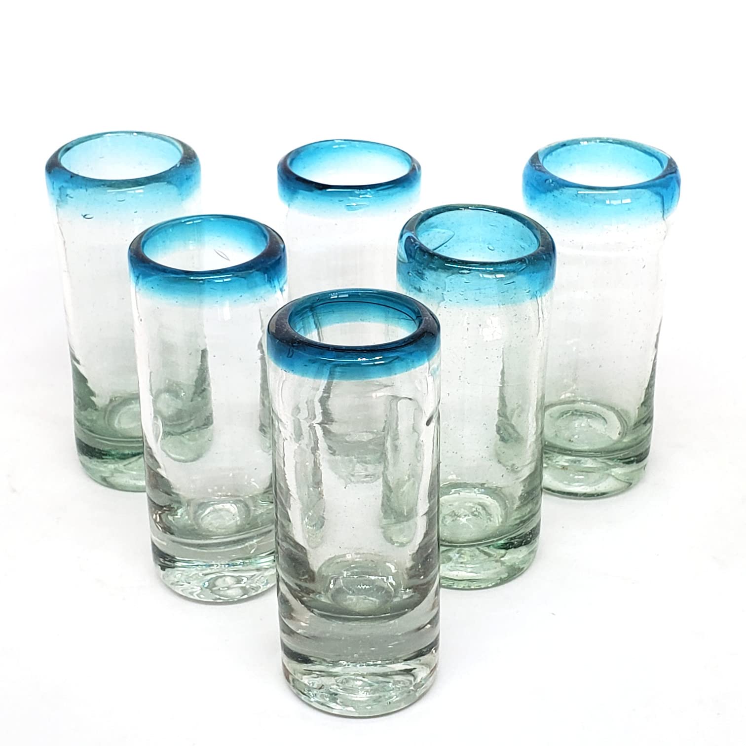 MexHandcraft Aqua Blue Rim 2 oz Tequila Shot Glasses (set of 6), Recycled Glass, Lead-free, Toxin-Free (Shot)