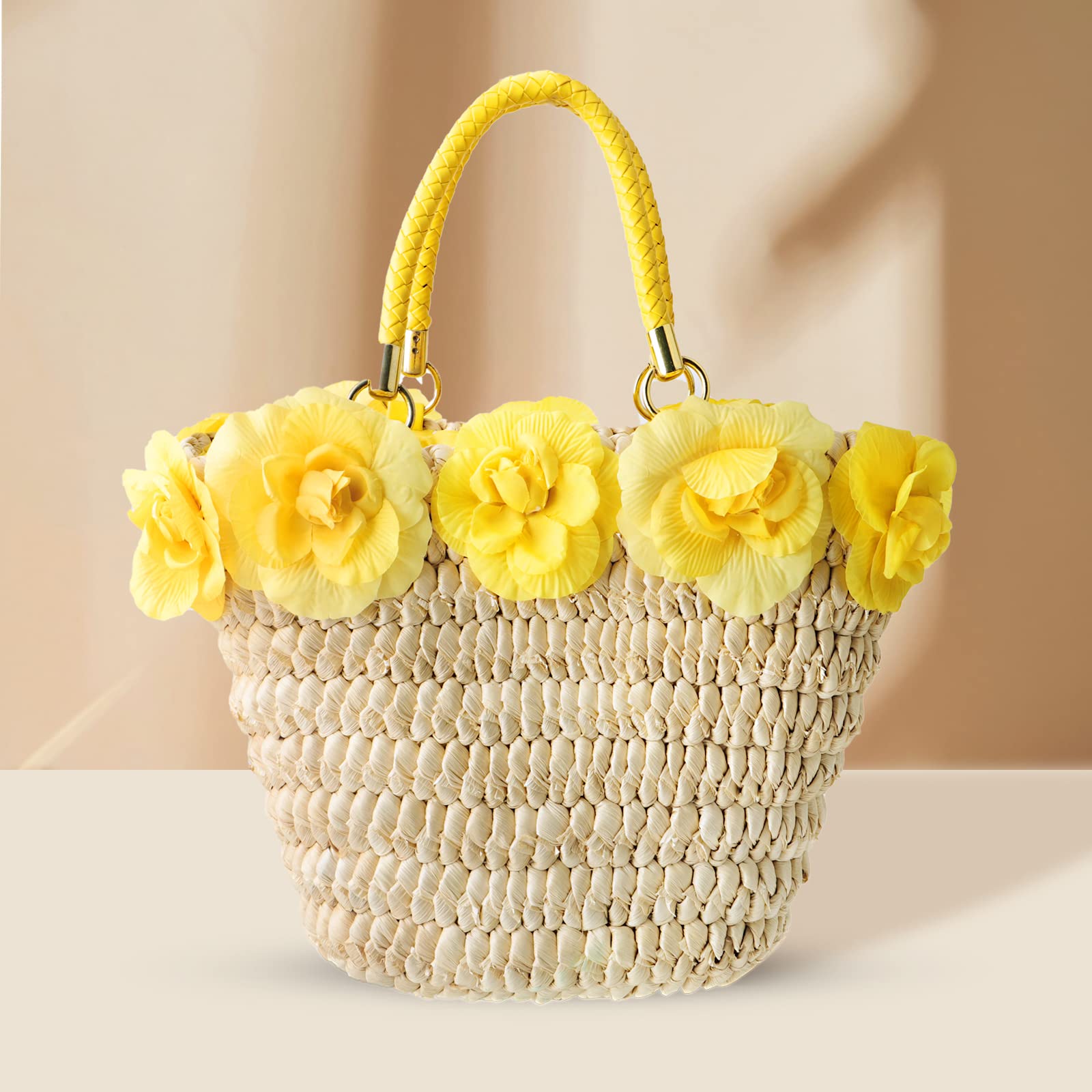 QTKJ Beach Bag for Women, Straw Handmade Handbag, Yellow Leather Braided Handle and Flower Decoration, Boho Retro Woven Shoulder Bag, Large Tote Bag for Vacation Travel Work