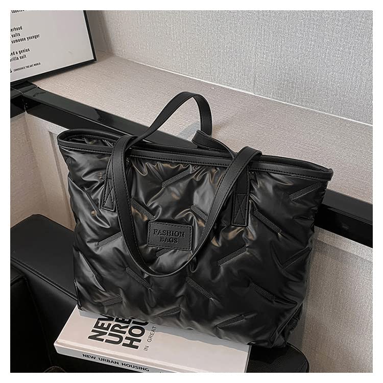 olues Big capacity Fashion Women Winter Bag Comfortable Puffer Quilted Tote Handbag Soft Shoulder Bag (Black)