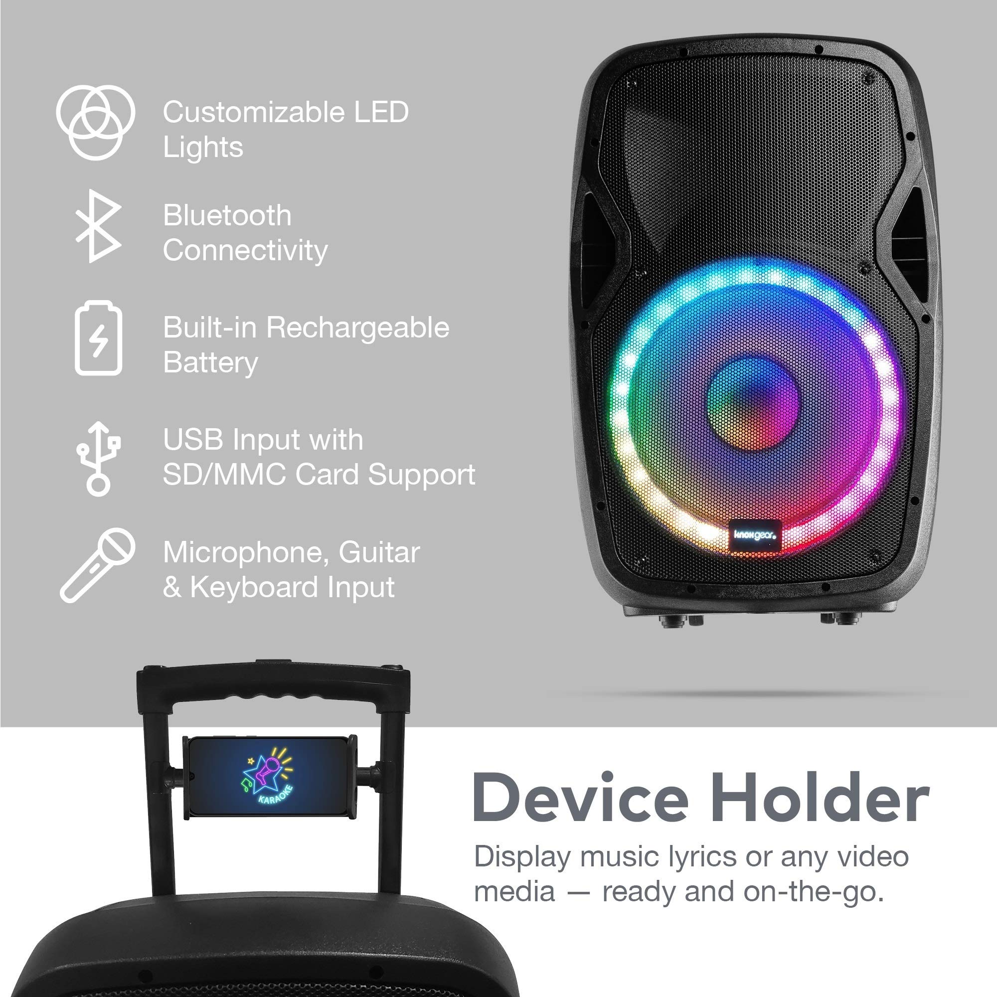 Knox Gear Portable Rechargeable Bluetooth Speaker Karaoke Machine System with 2 Wireless Microphones, Indoor Outdoor Party Size Active Amplifier with Stand and Phone Mount