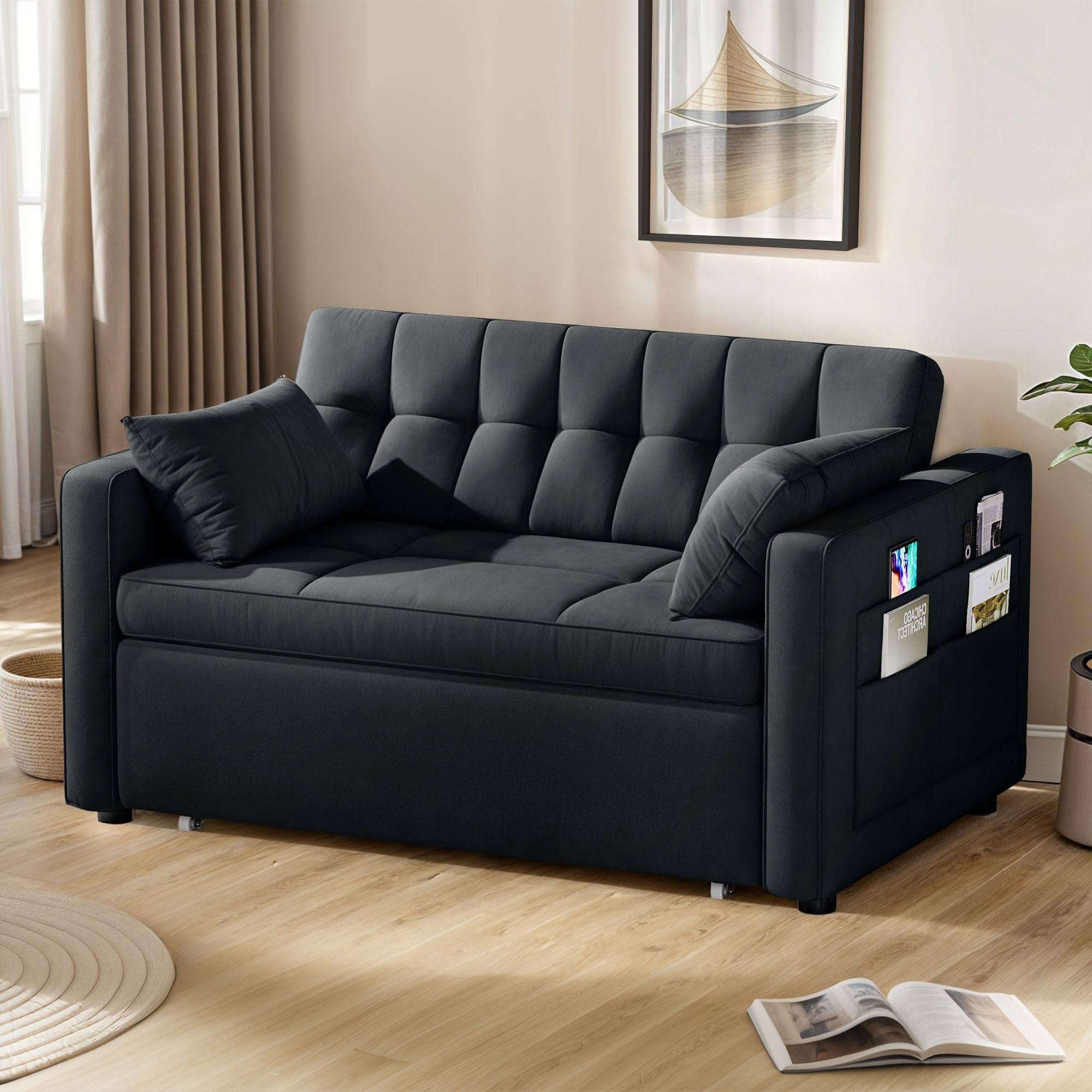 YITAHOME 55" Convertible Sofa Bed, 3-in-1 Sleeper Sofa with Pull-Out Bed, Velvet Futon Couch with Reclining Backrest and Side Pocket, Modern Loveseat for Living Room, Black, Full Size