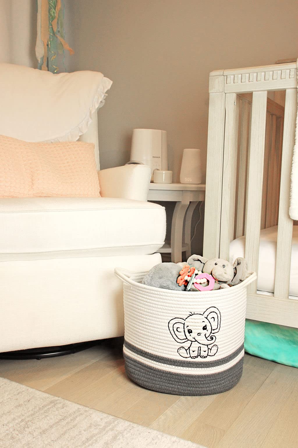 Rope Basket with Baby Elephant, Toy Storage, Nursery Storage, Blanket Storage, 14”x11”x12, White, Grey