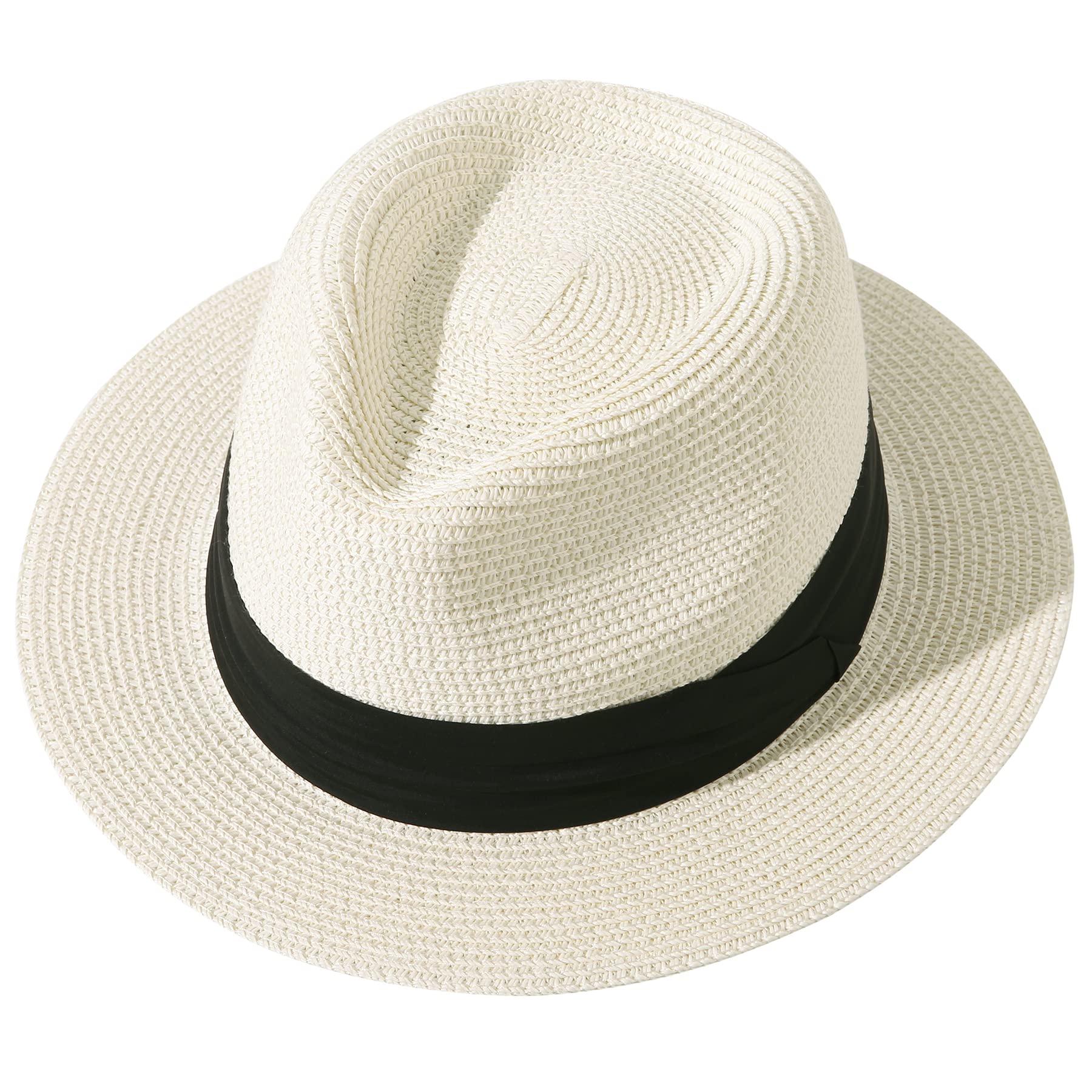 Lanzom Men Women Straw Sun Hat Short Brim Panama Fedora Beach Sun Hat Vacation Packable Roll Up Summer Hat(Large,Ivory White)