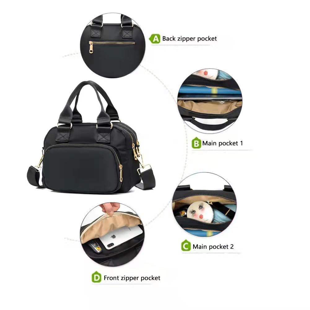 OPXTO Nylon Shoulder Handbags for Women, Waterproof Multi Lightweight Pocket Purses and Cross-body Bags. (Black)