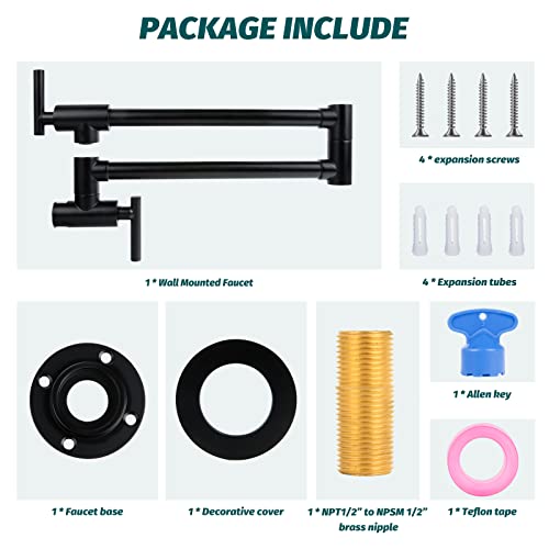 Pot Filler Faucet, Solid Brass Commercial Pot Filler Wall Mount Kitchen Stove Faucet Folding Restaurant Sink Faucet with Joint Swing Arm & Handles (Black)