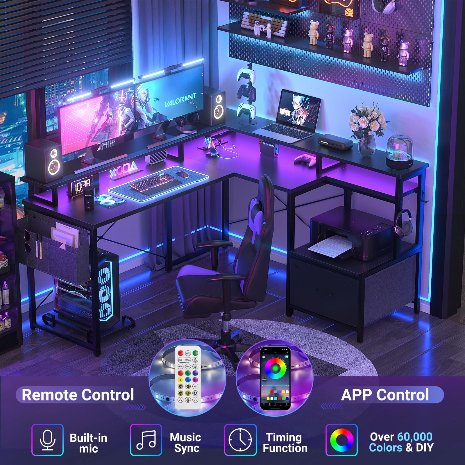 Unikito L Shaped Desk with File Drawer, Reversible L Shaped Computer Desk with Power Outlet & LED Lights, Home Office Desk Corner Desk with Monitor Shelf and Printer Cabinet, Gaming Desk, Black