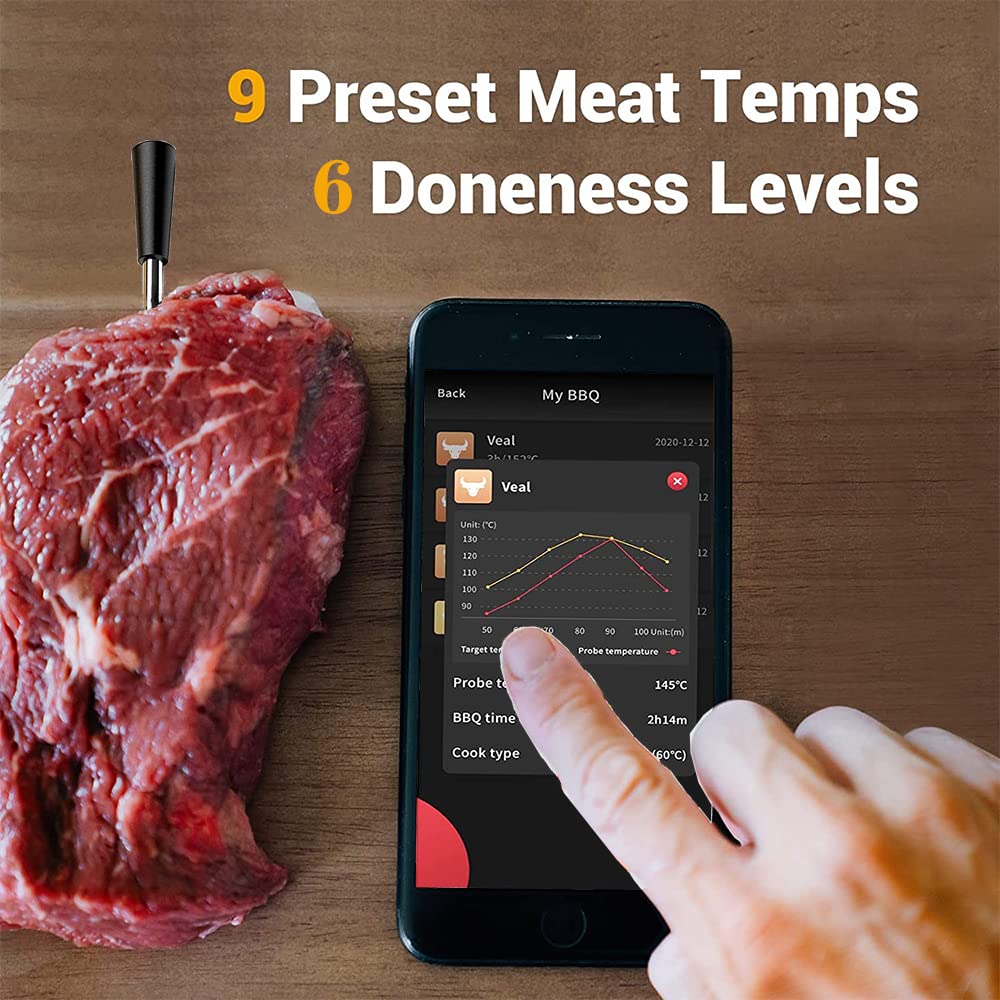 Meat Thermometer Wireless, BVRONA 300FT Bluetooth Meat Thermometer for Grilling and Smoking, IP67 Waterproof ,Dishwasher Safe for BBQ Oven Grill Smoker Cooking Gifts for Men Women