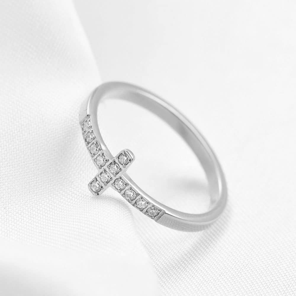 MYNENEY 14K Gold/Silver Plated Wedding Bands for Her Cubic Zirconia Eternity Stackable Engagement Ring for Women Size 4-10 (2MM Cross Silver, 7)